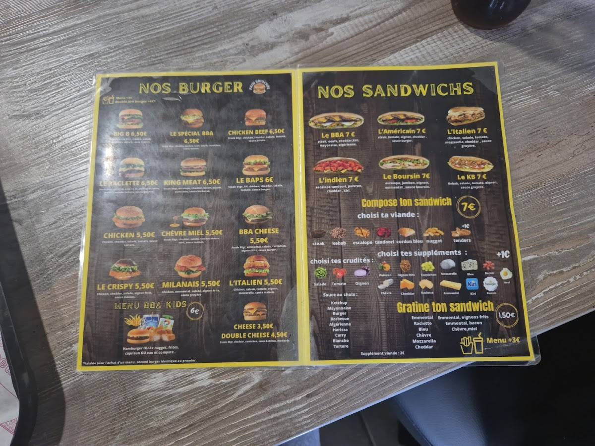 Menu au BBA burger restaurant, La Grand-Croix