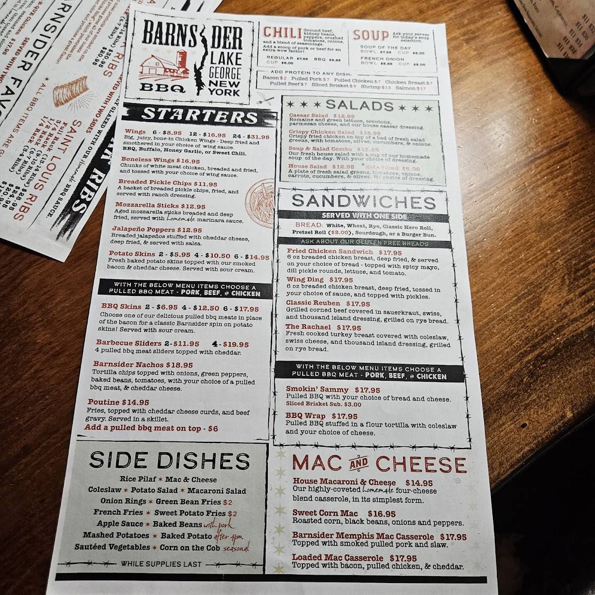 Menu at Barnsider Smokehouse BBQ, Lake George