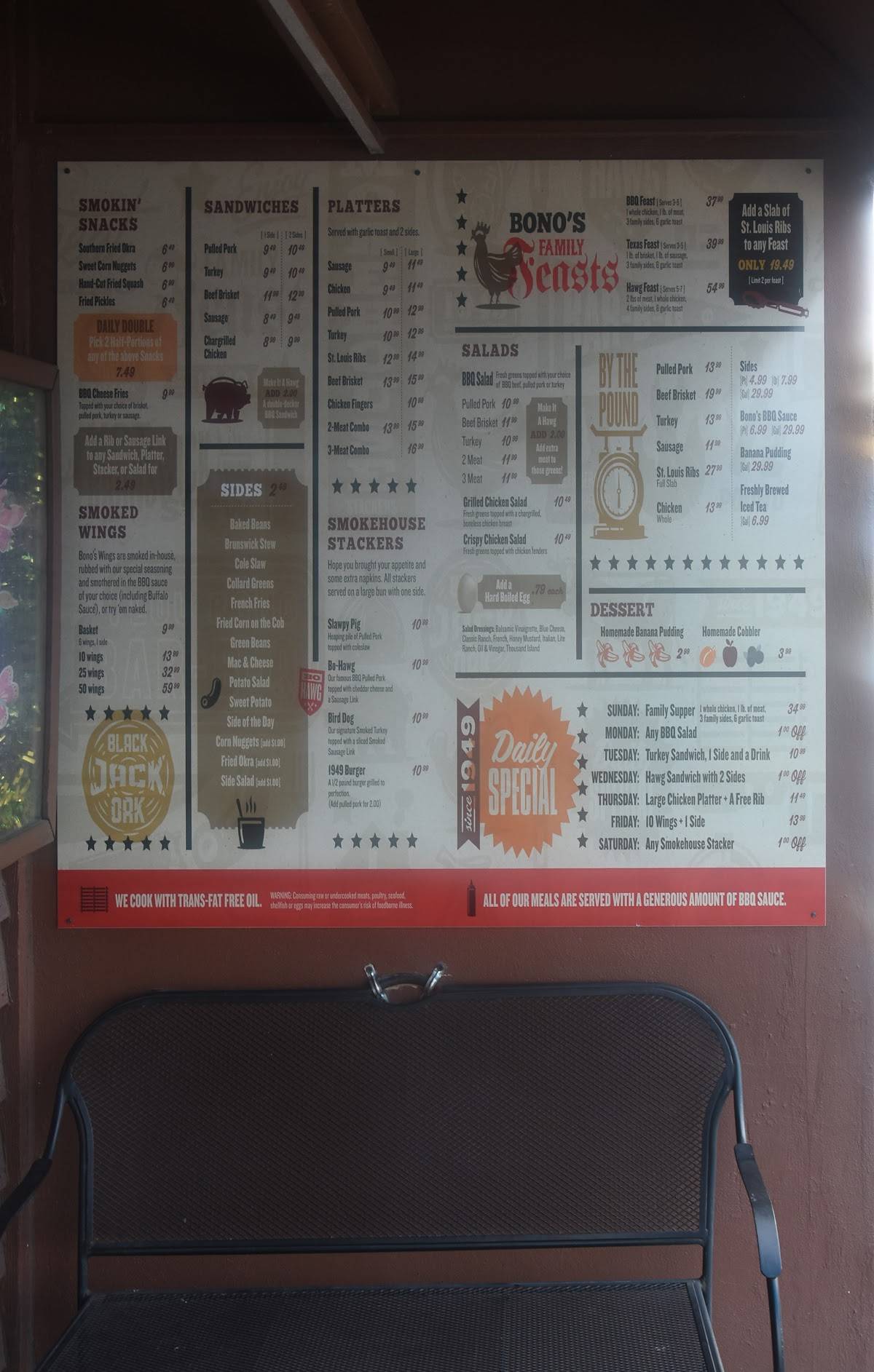 Menu at Bono's Pit Bar-B-Q, Jacksonville, Jammes Rd