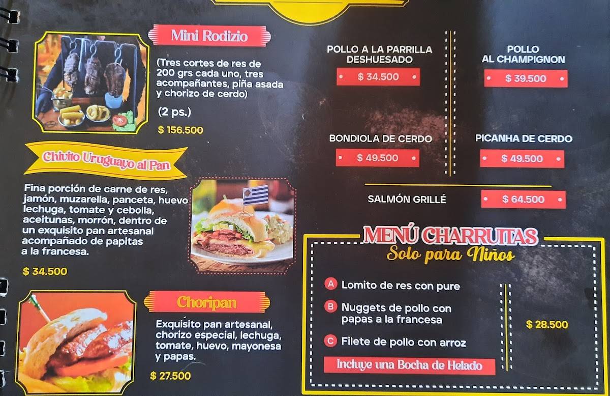 Carta de Charrua’s Parrilla, Cali, Cl. 18 #105-75