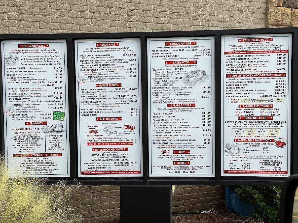 Menu at Full Moon Bar-B-Que, Birmingham, 4635 US-280