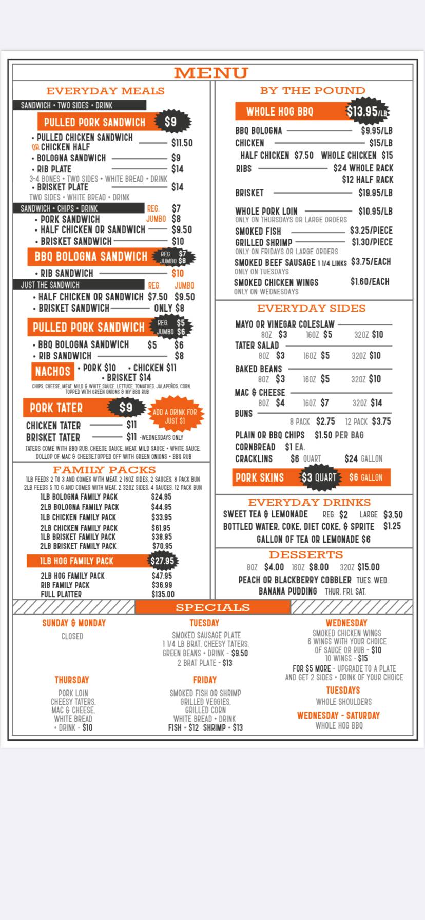 Menu at HUNTS Tennessee BBQ, Henderson