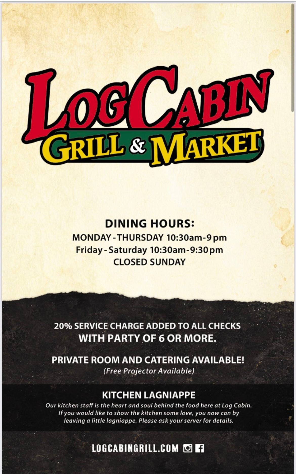 Menu at Log Cabin Grill & Market BBQ, Ruston