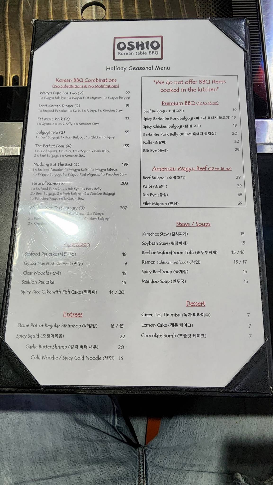 Carta de Oshio Korean BBQ, Orlando