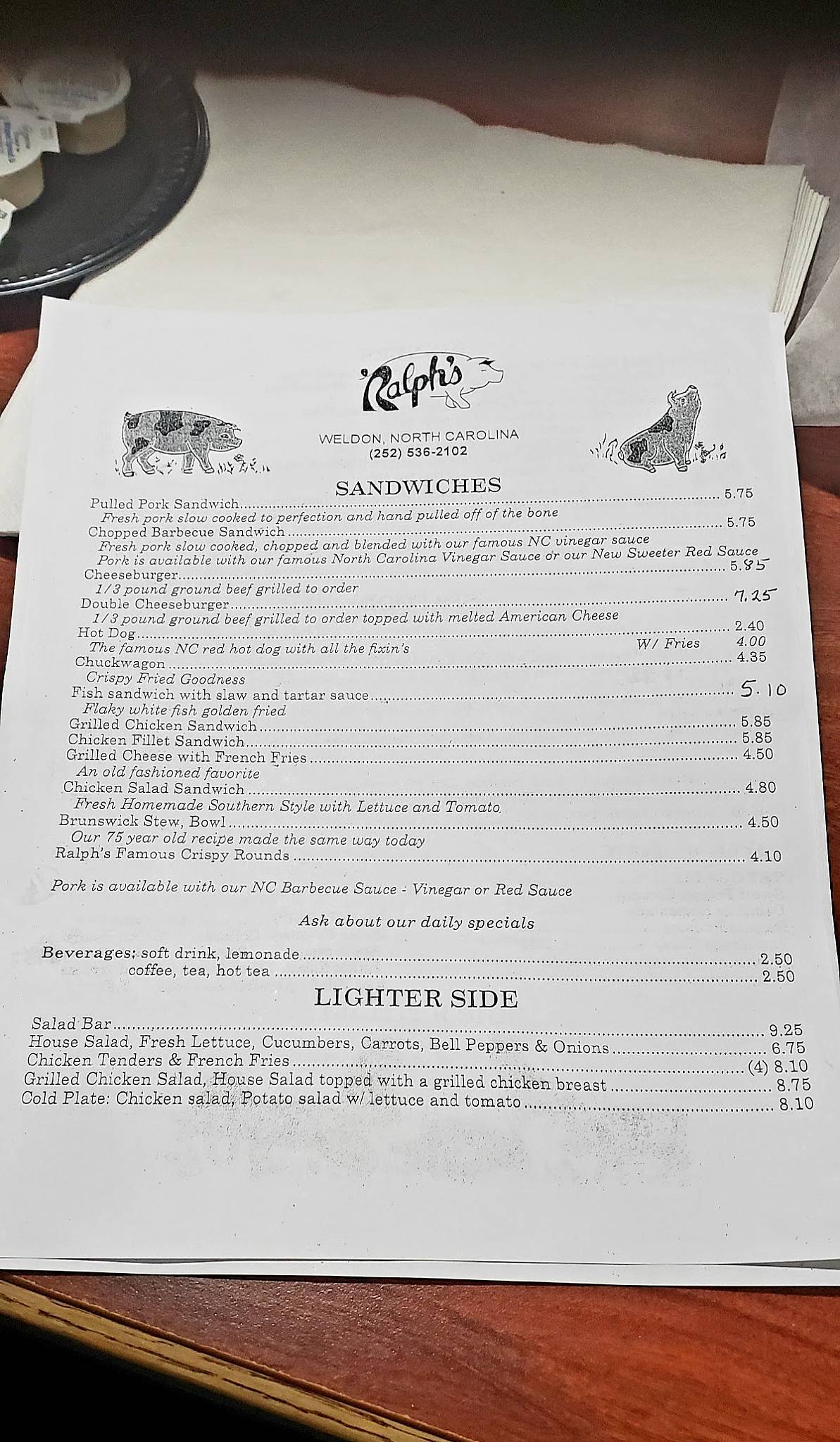 Menu at Ralph's Barbecue, Weldon