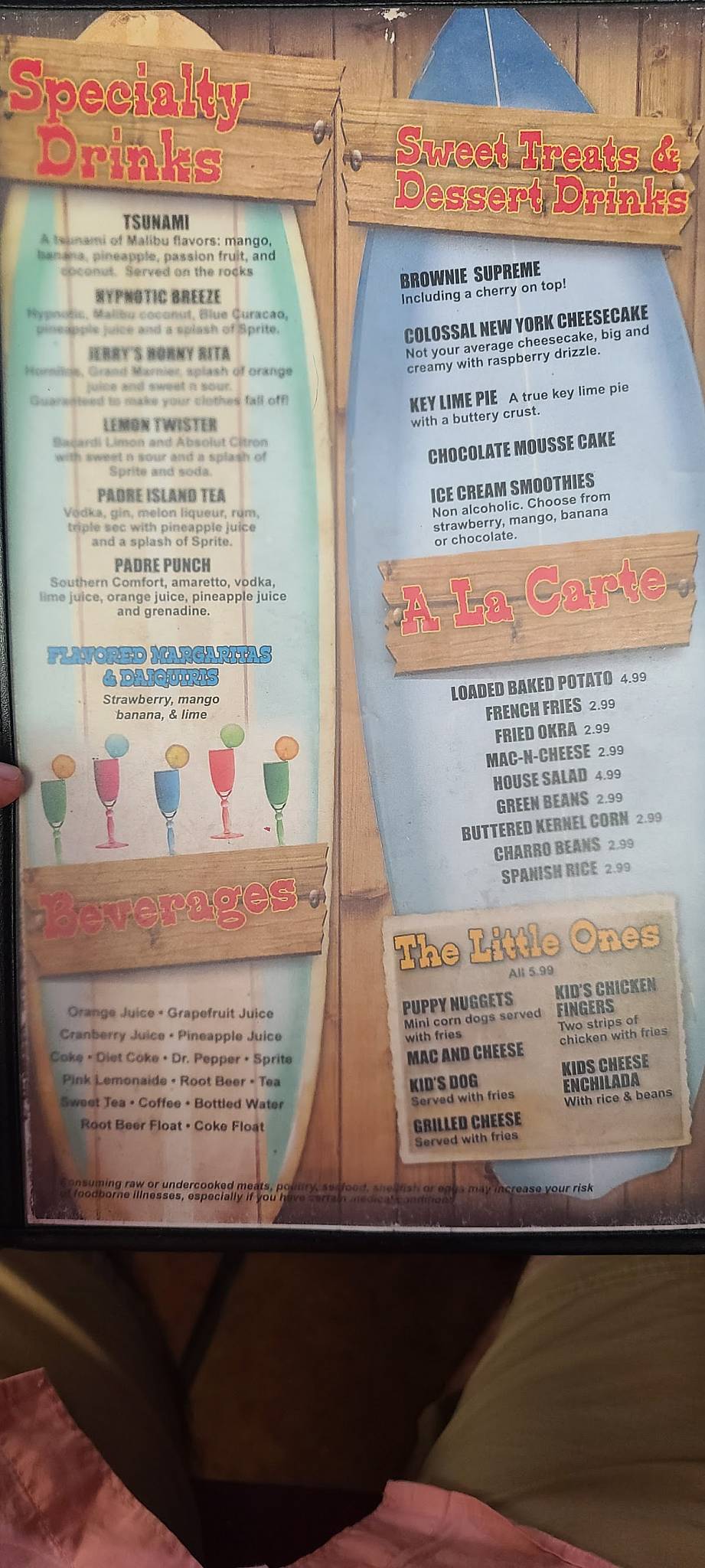 Menu at Tom and Jerry's, Bar & Grill, South Padre Island