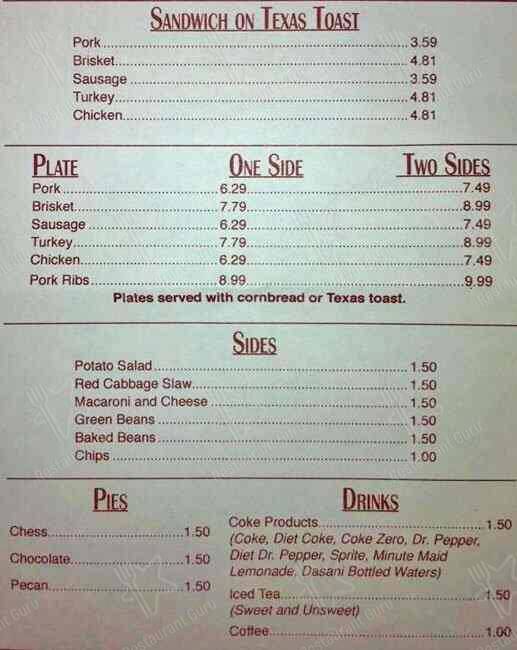 Menu at Willie Mae's BBQ, Springfield
