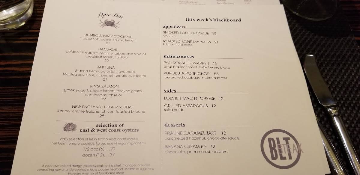 Menu at BLT Steak steakhouse, Las Vegas, 3645 Las Vegas Blvd S