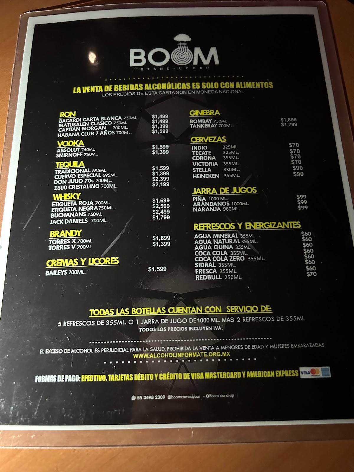 Carta de BOOM Stand Up Bar, Ciudad López Mateos