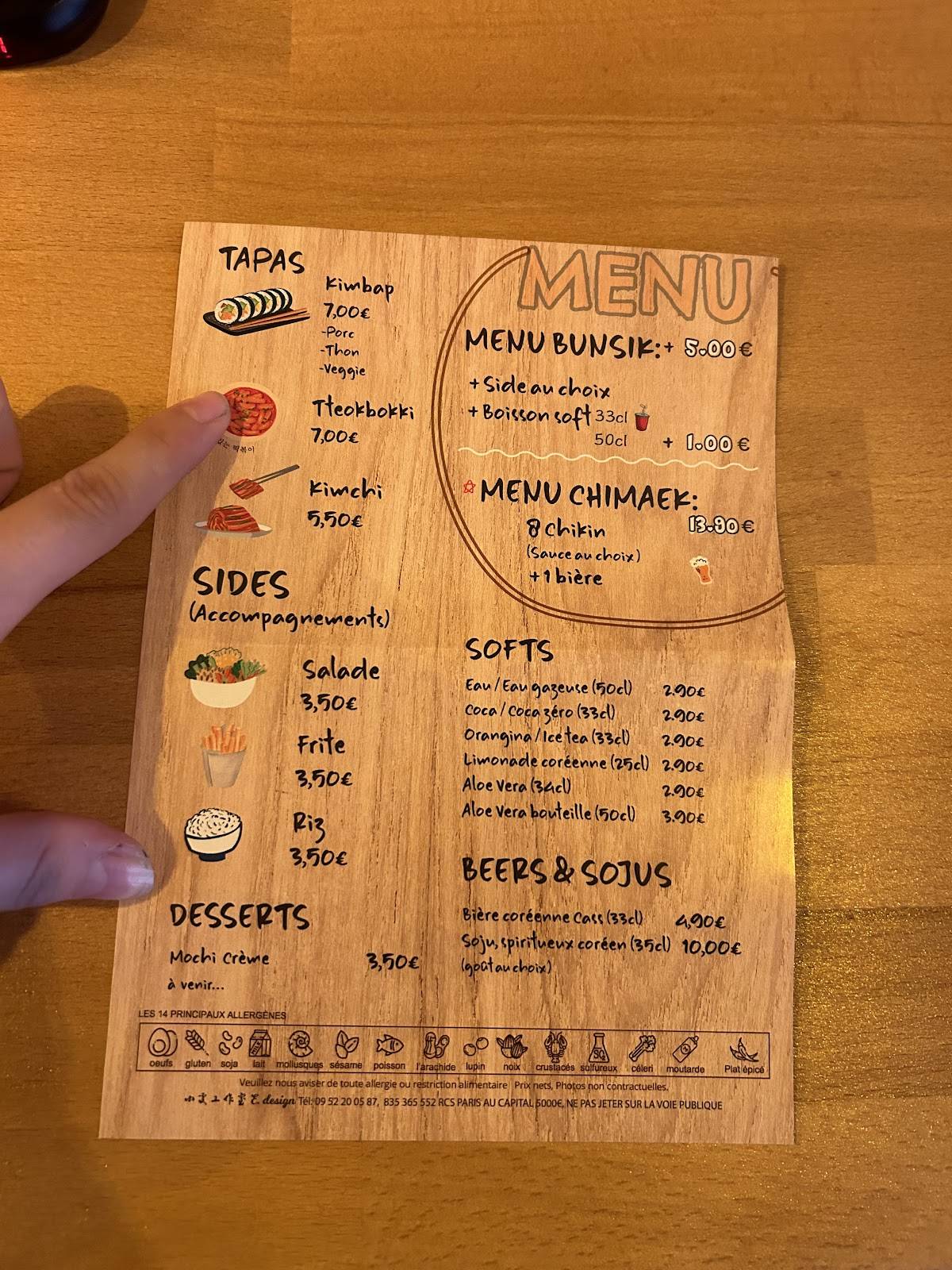 Menu at BUNSIK restaurant, La Rochelle