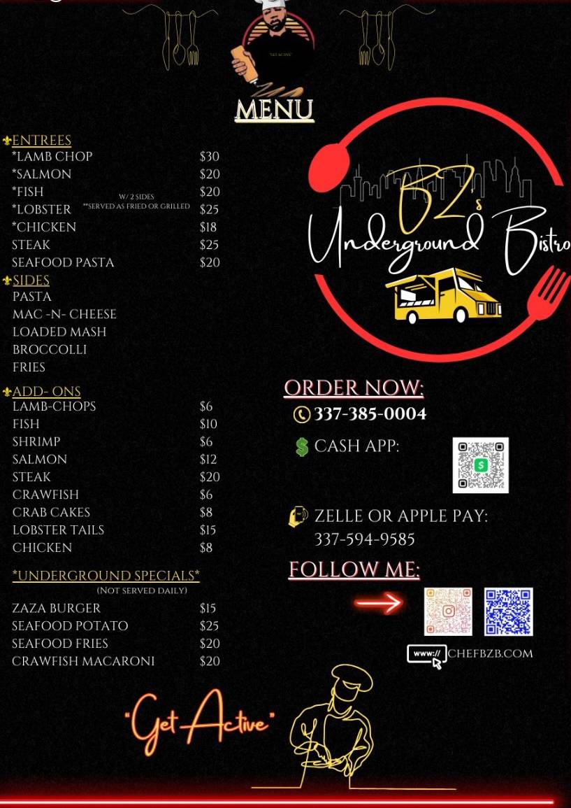Menu at BZ’s Underground Bistro restaurant, Lafayette