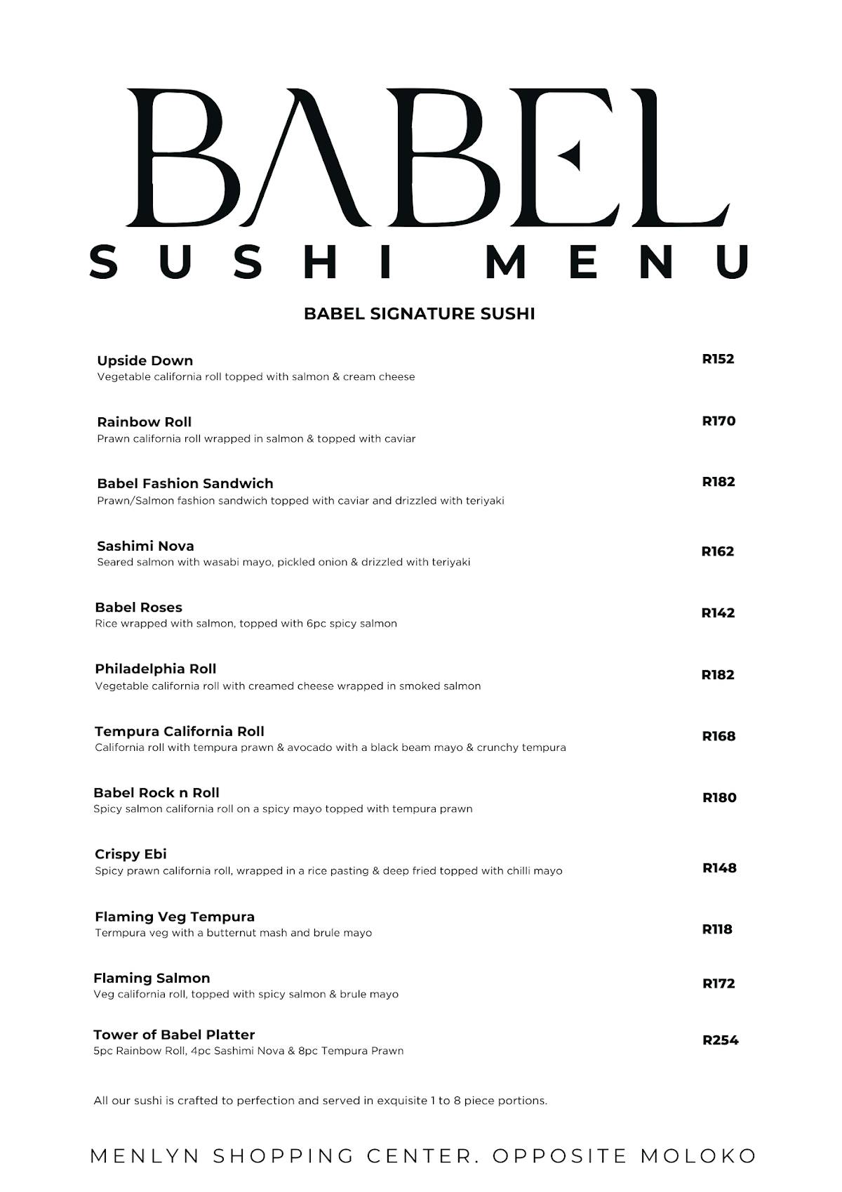 Menu at Babel Menlyn restaurant, Pretoria