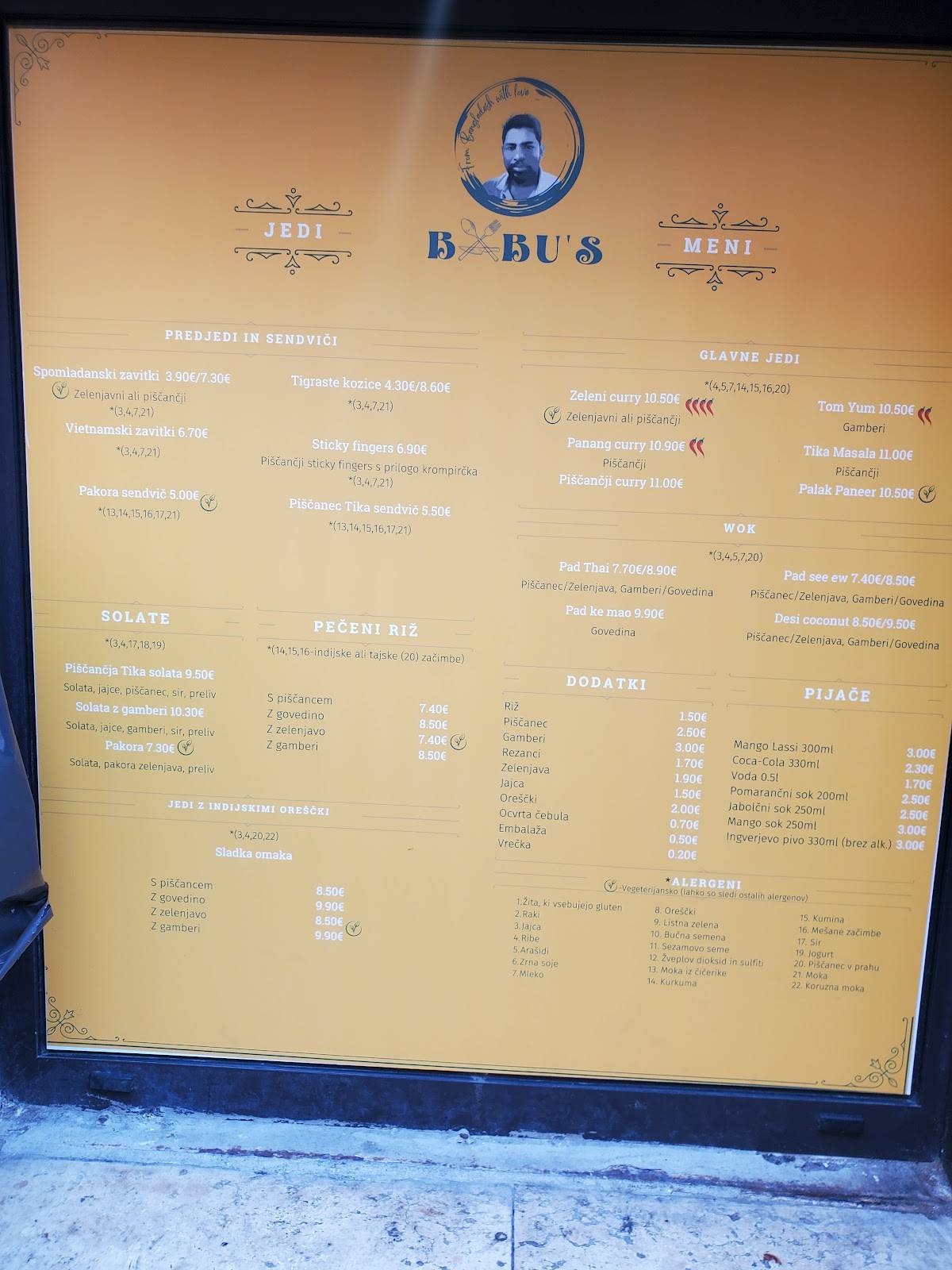 Menu at Babu's Asian Street Food restaurant, Ljubljana