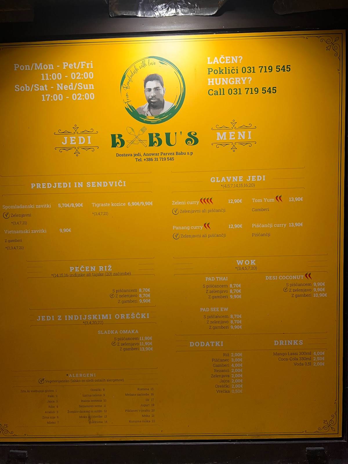 Menu da Babu's Asian Street Food ristorante, Lubiana