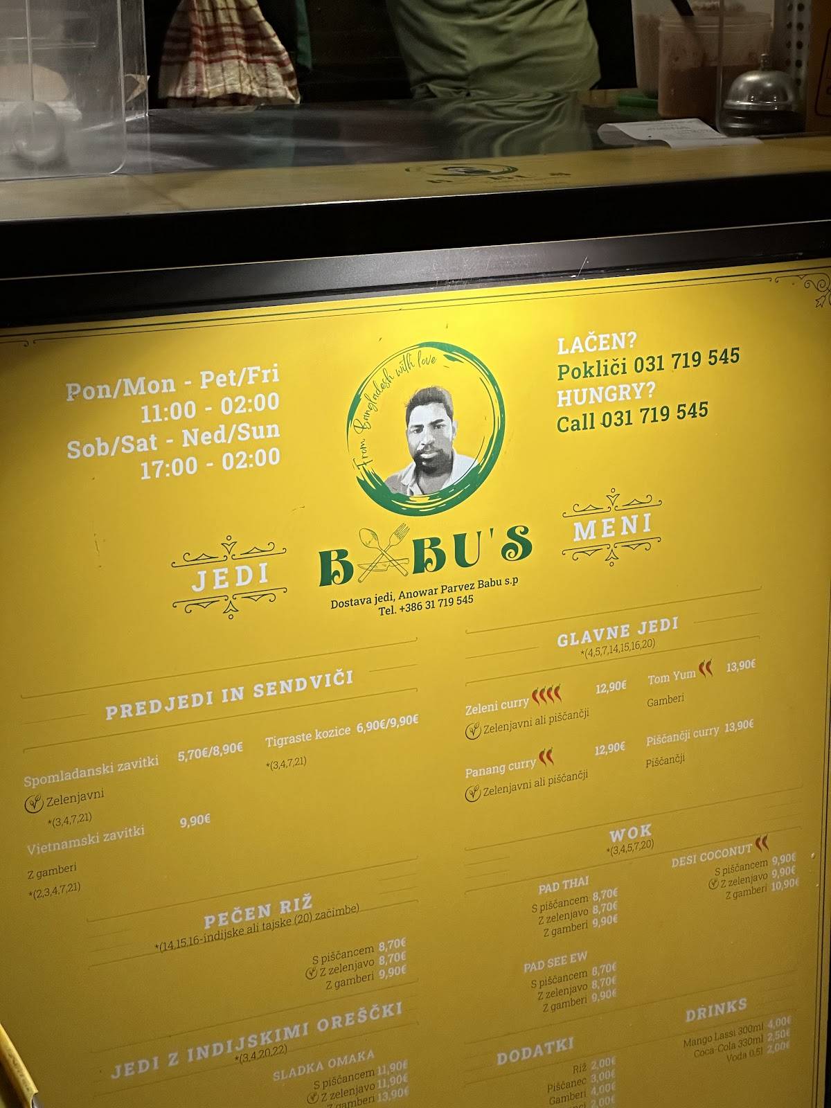 Menu at Babu's Asian Street Food restaurant, Ljubljana