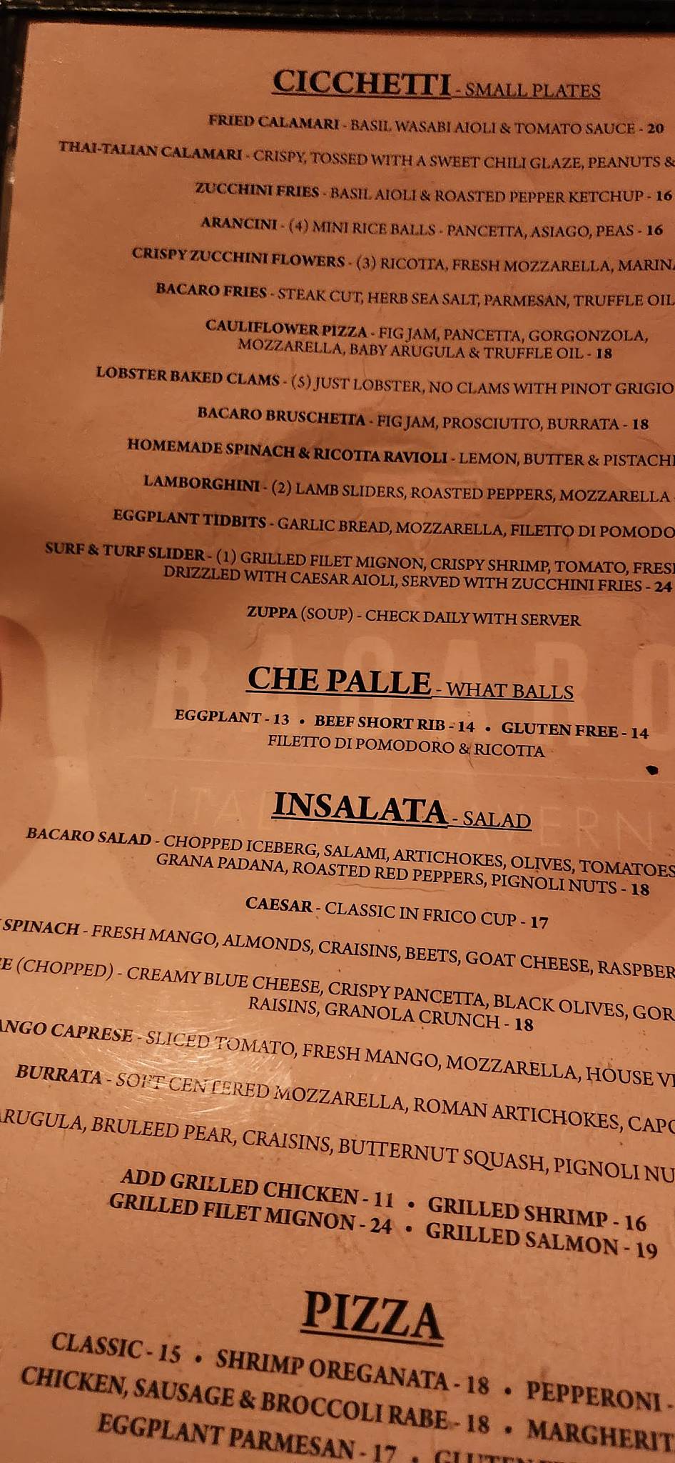 Menu at Bacaro Italian Tavern pizzeria, Massapequa Park