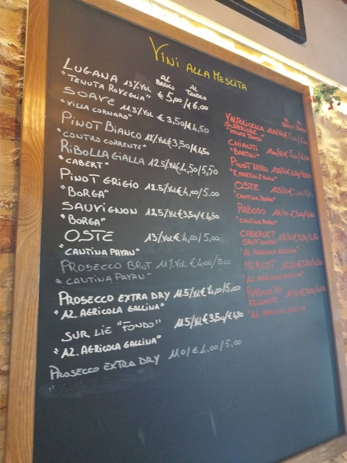 Menu at Bacaro bar tabalotto, Venice