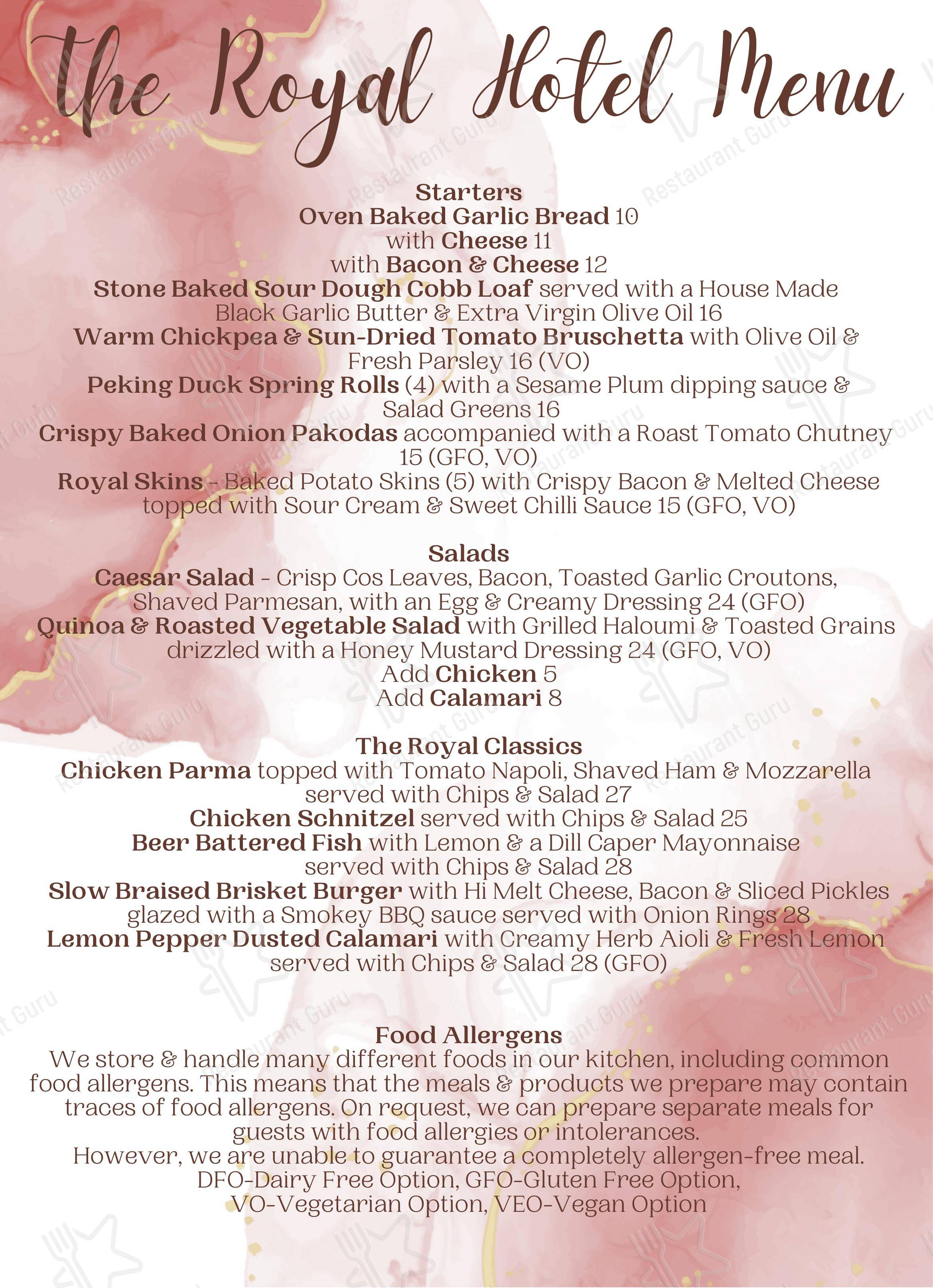 Menu at The Royal Hotel pub & bar, Bacchus Marsh