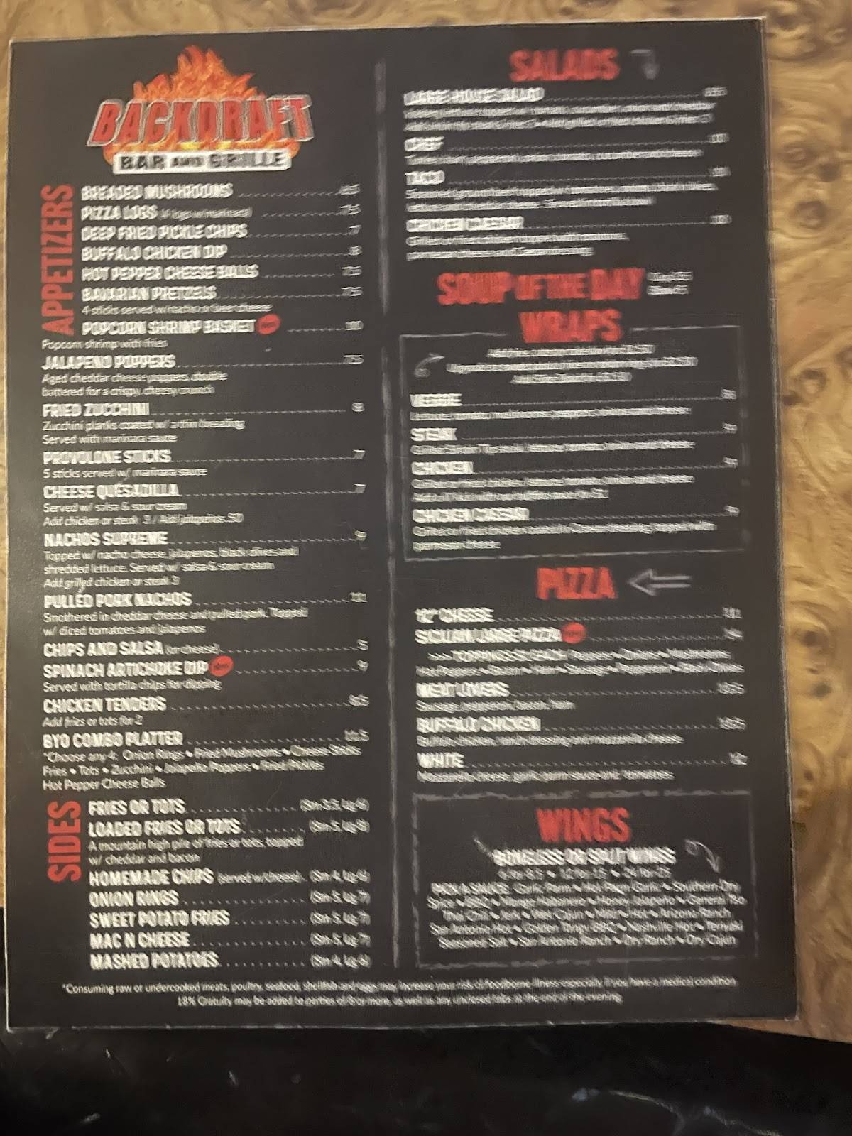 Menu at Backdraft Bar and Grill, Pittsburgh