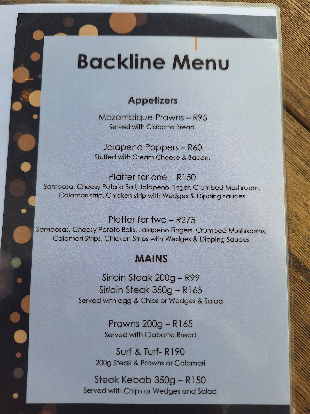 Menu at Backline Lounge Bar, Wilderness