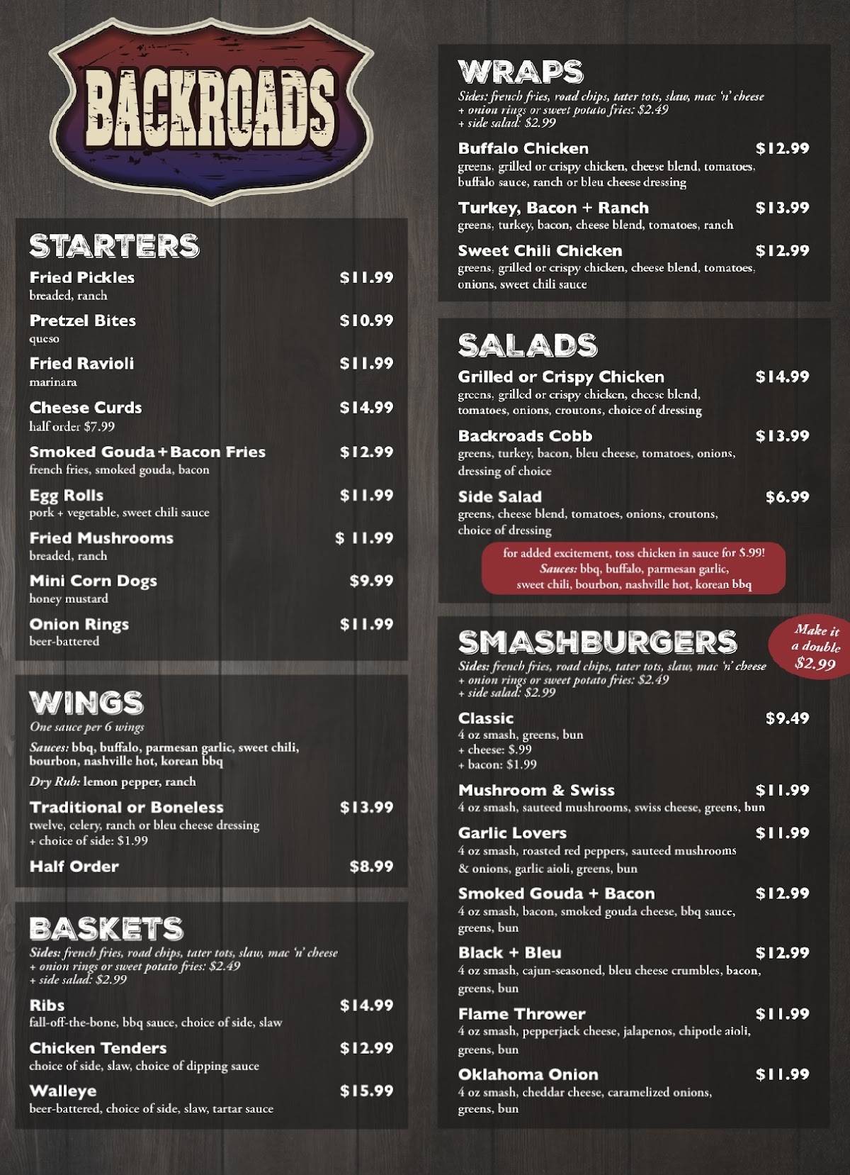 Menu at Backroads pub & bar, Evansville, County Hwy 82