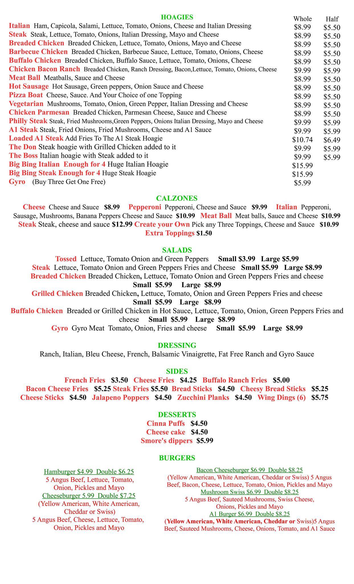 Carta de pizzería Bada Bing Pizza, Monaca