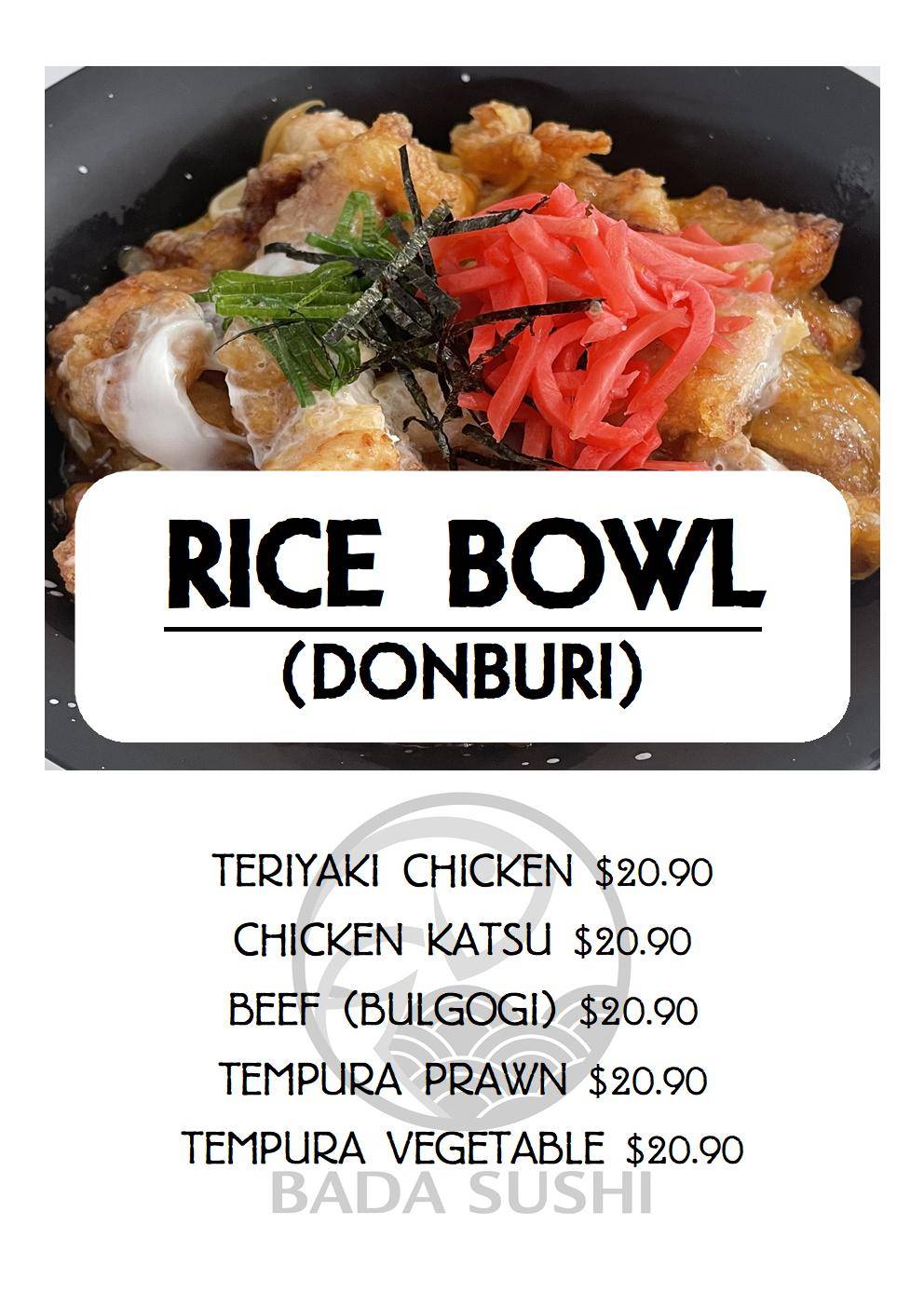 Menu at Bada Sushi restaurant, Port Macquarie