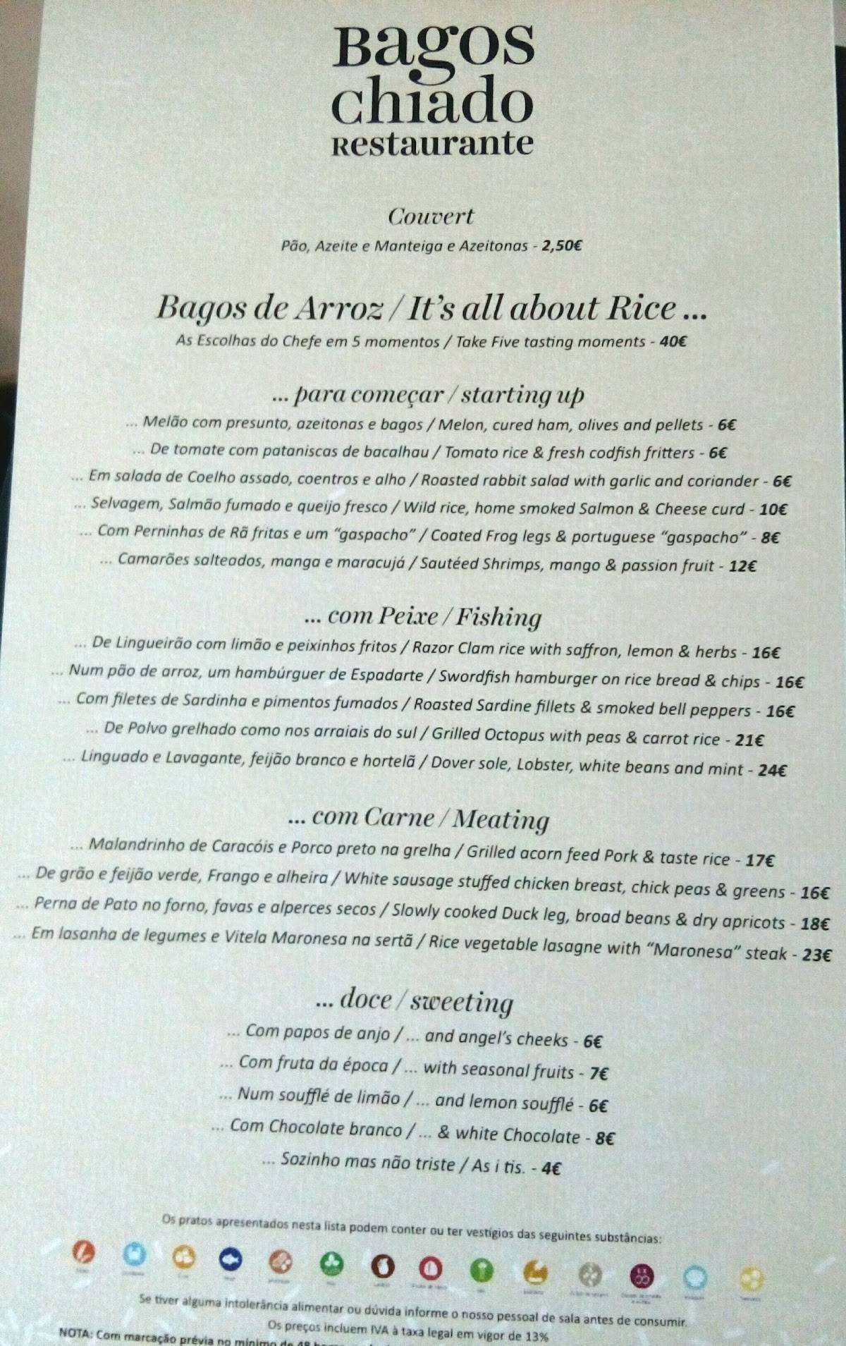 Menu at Bagos Chiado Restaurante, Lisbon, R. António Maria Cardoso 15B