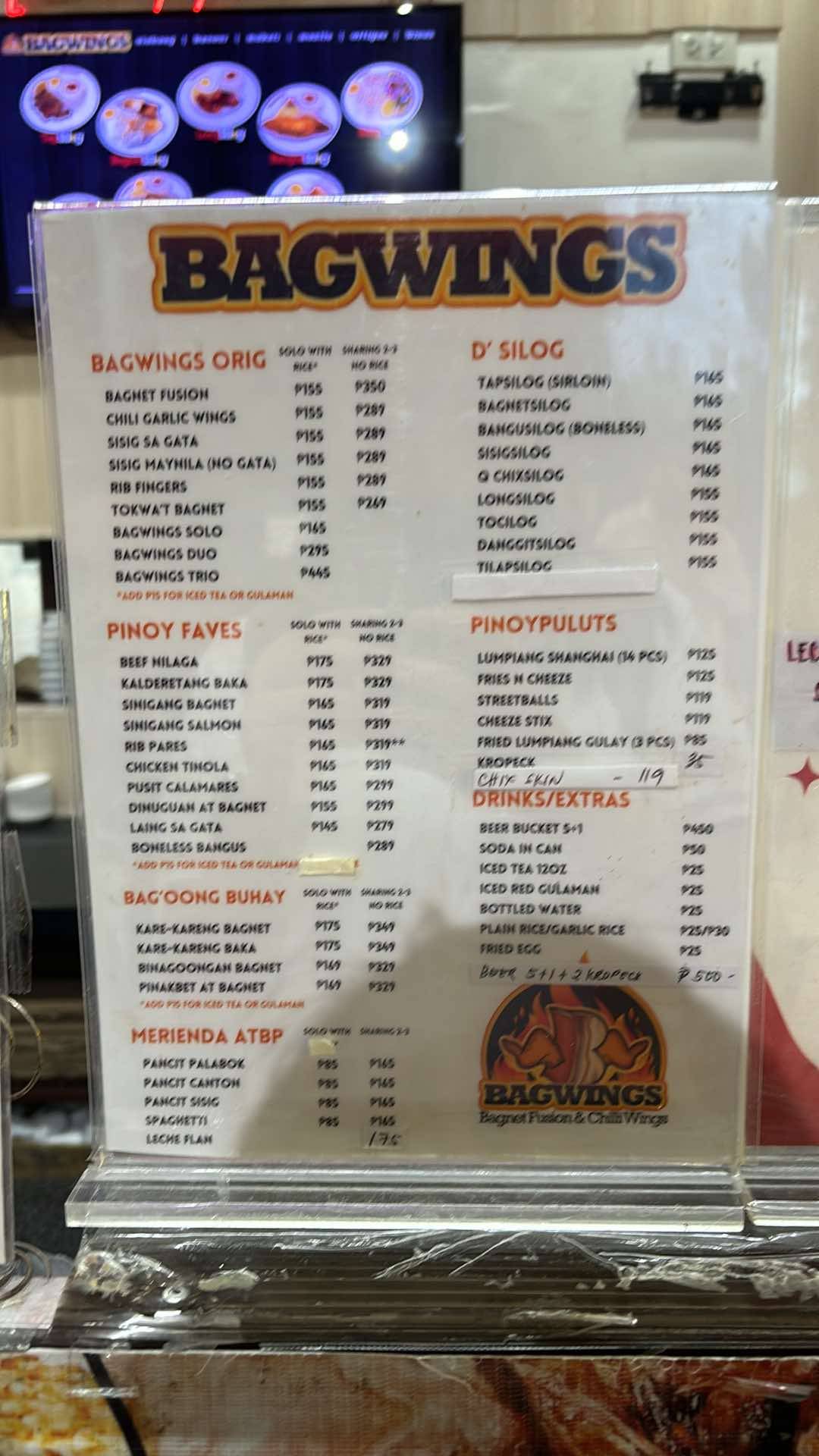 Menu at Bagwings Alabang restaurant, Muntinlupa, G/F Unit 103