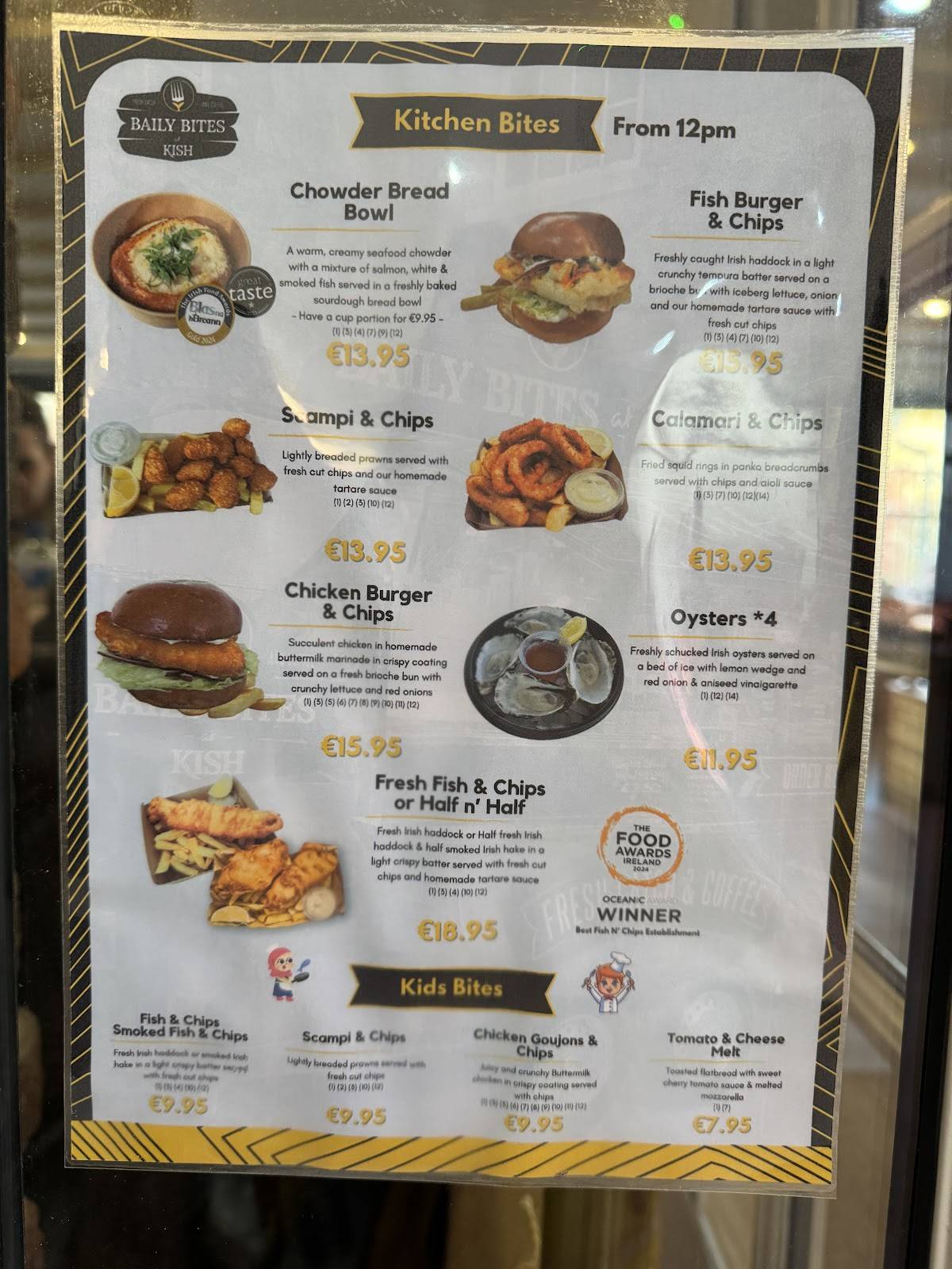 Menu at Baily Bites at Kish restaurant, Dublin