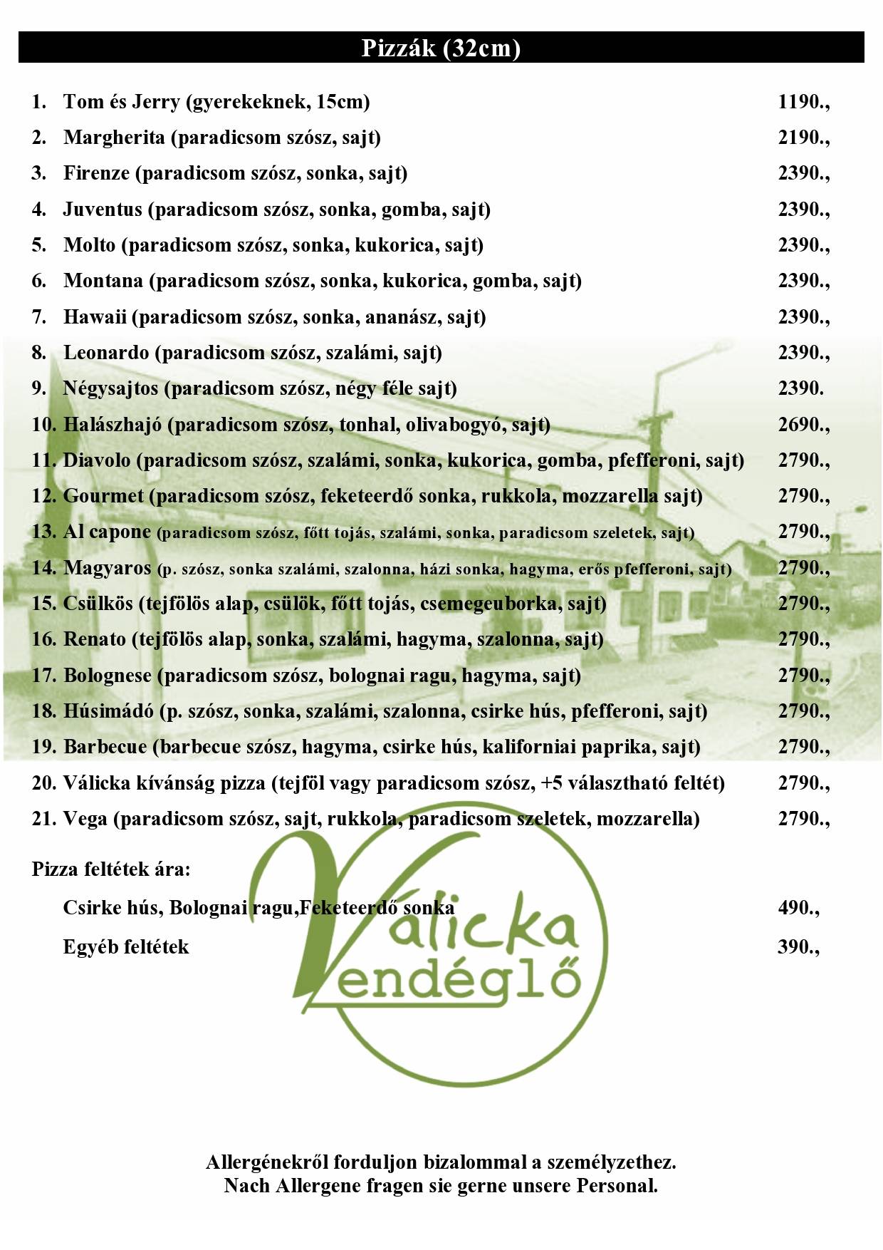 Menu at Válicka Vendéglő restaurant, Bak