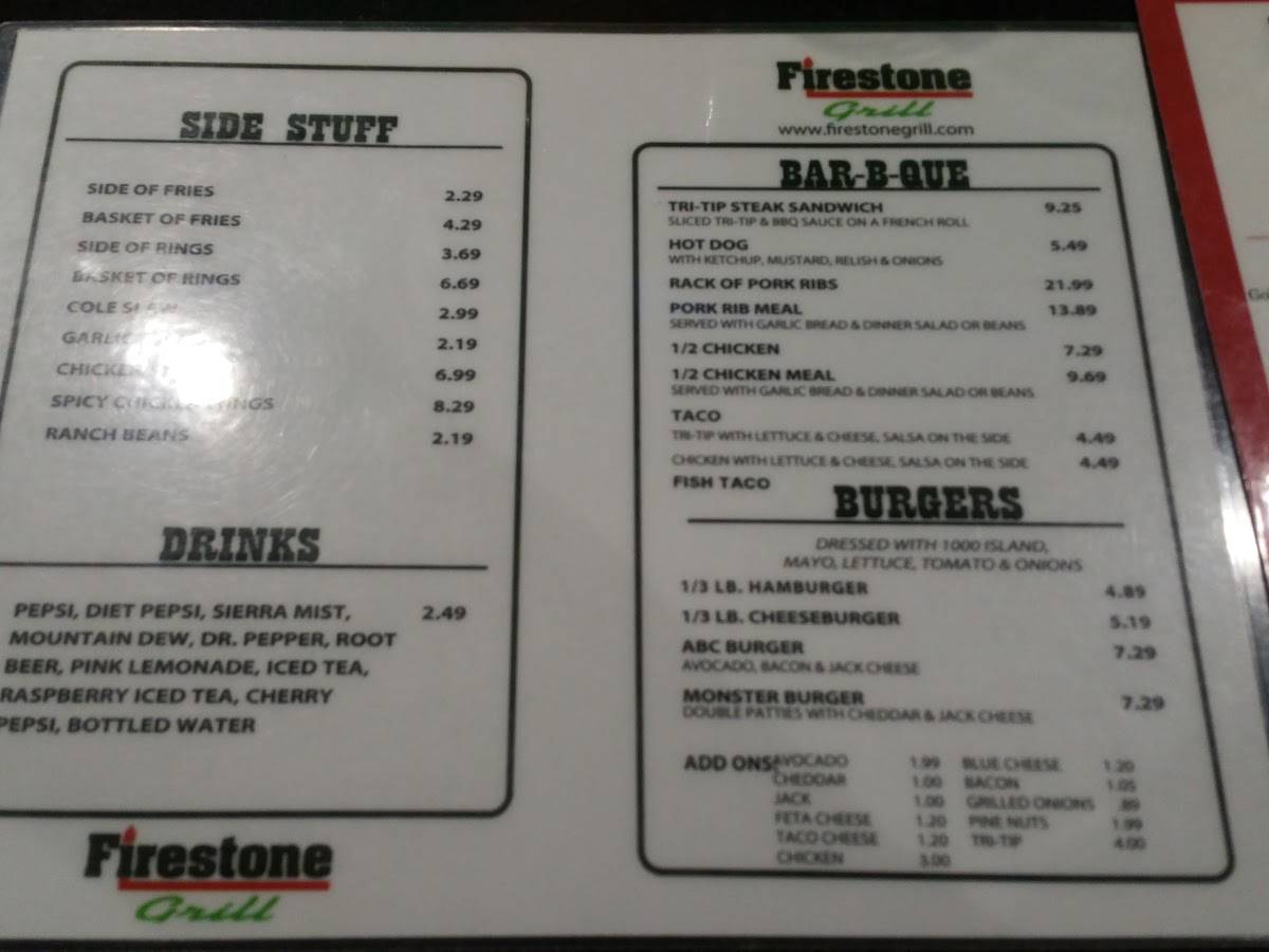 Menu at Firestone Grill pub & bar, Bakersfield, California Ave