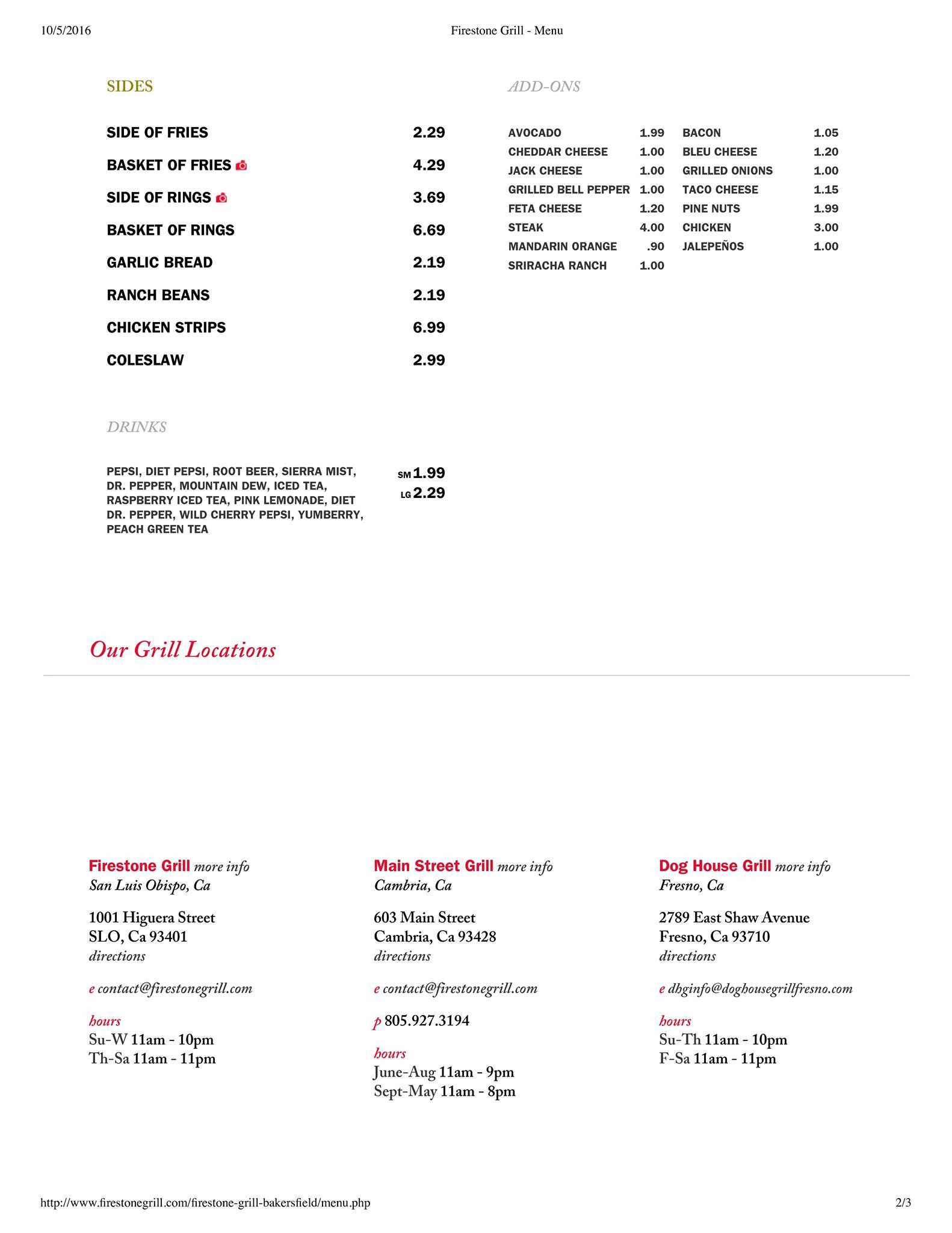 Menu at Firestone Grill pub & bar, Bakersfield, California Ave
