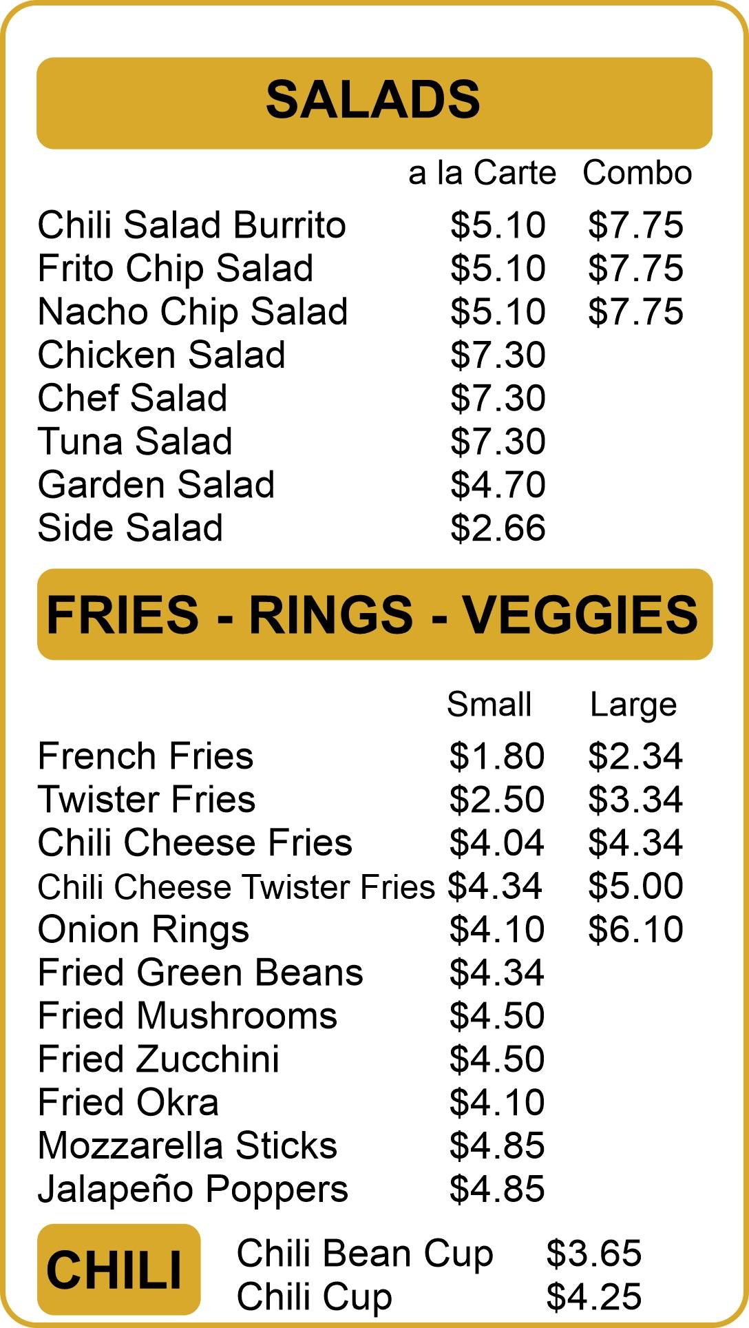Menu at Generals Headquarters restaurant, Shafter