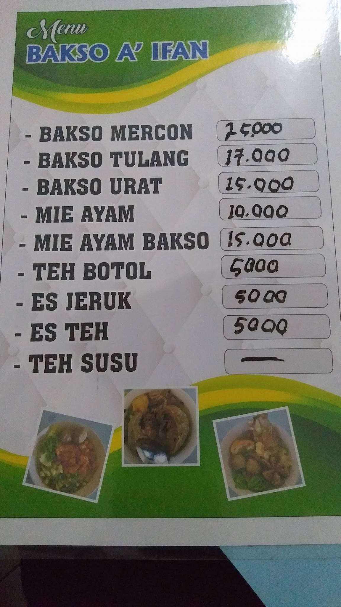 Menu at Bakso Mercon A'ifan Karya 3 restaurant, Indonesia