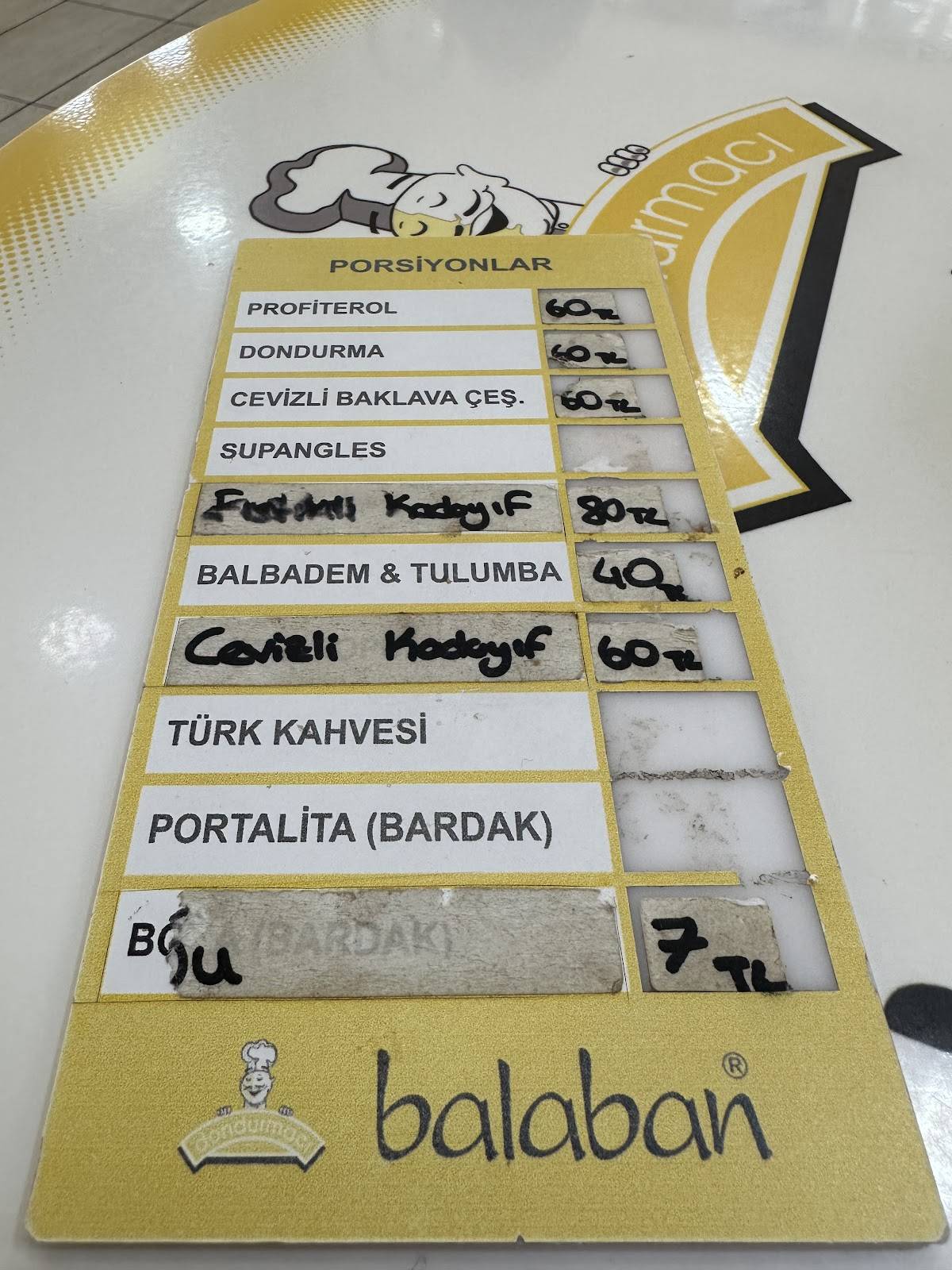 Carta de Balaban Dondurma & Profiterol, Edirne