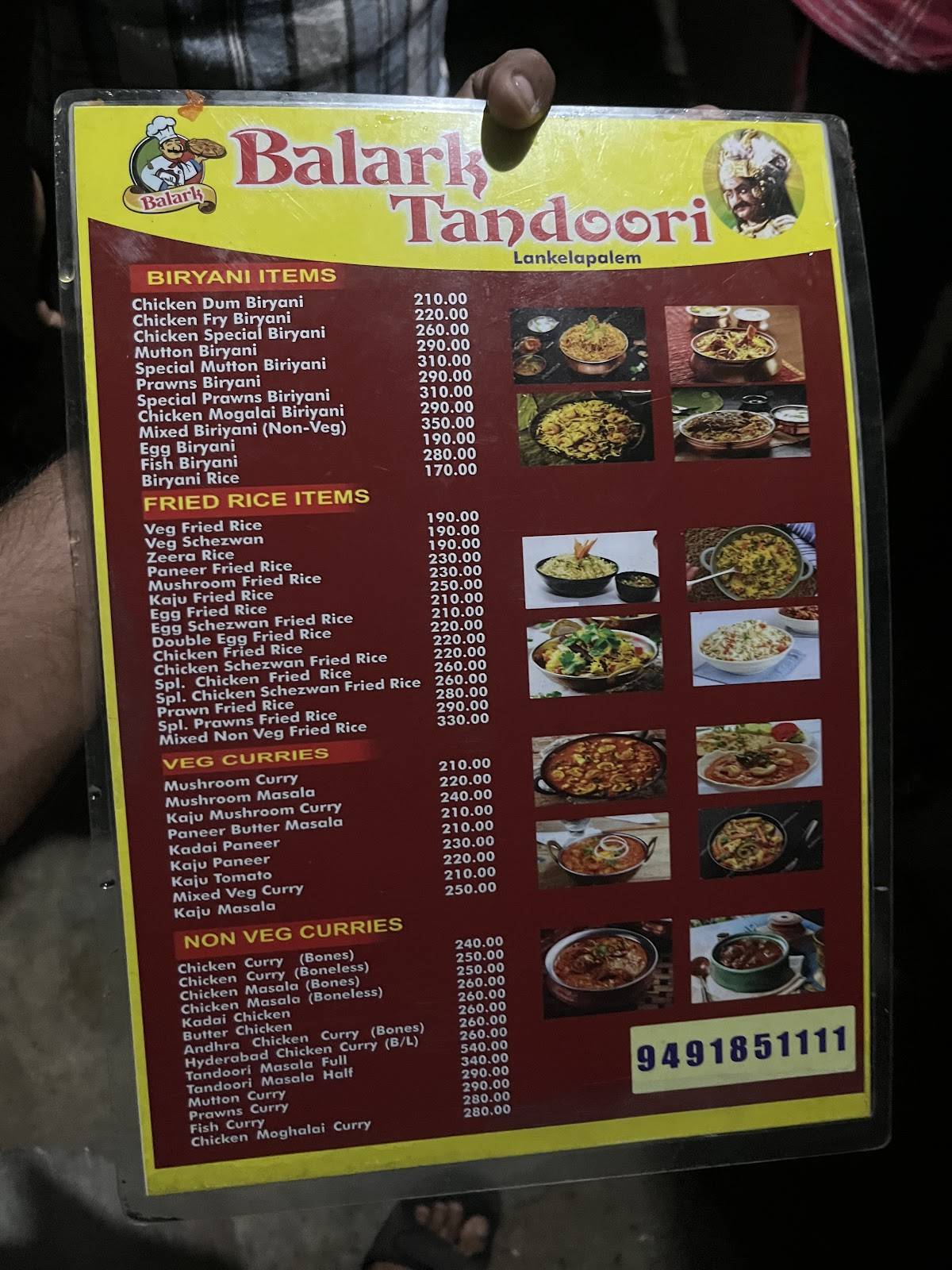 Menu at Balark Tandoori, Visakhapatnam, National Highway 16 Lankela Palem