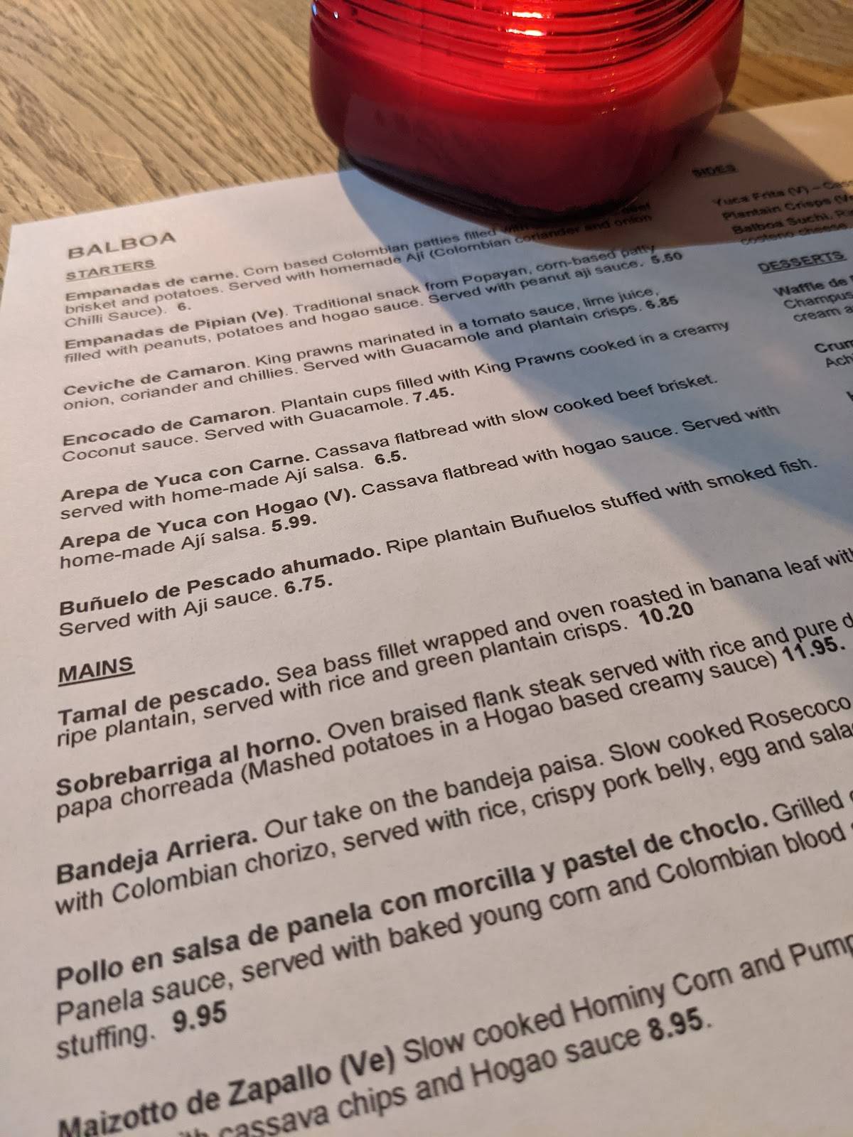 Menu at Balboa - Colombian pacific Food restaurant, London