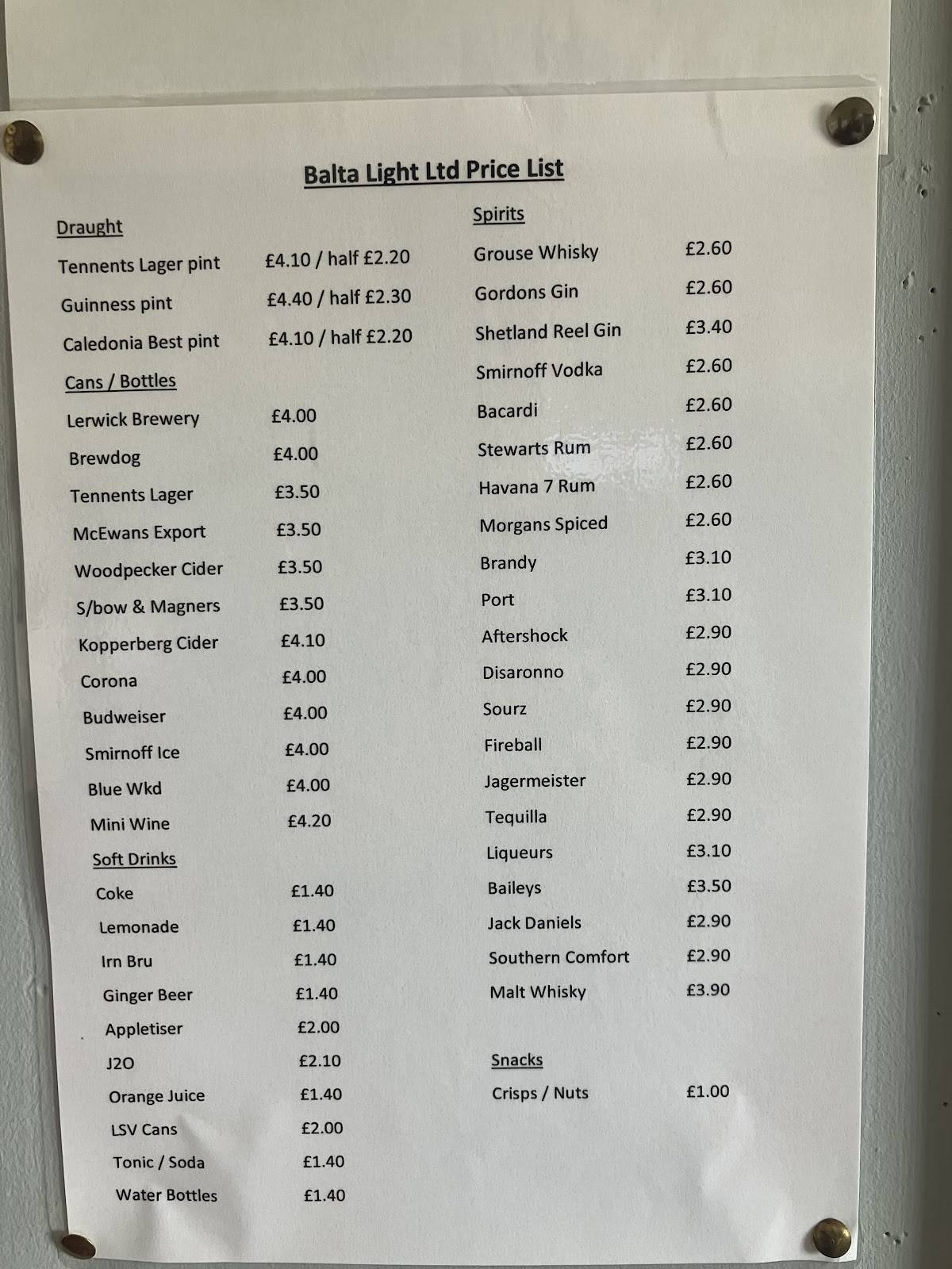 Menu at Balta Light pub & bar, Unst