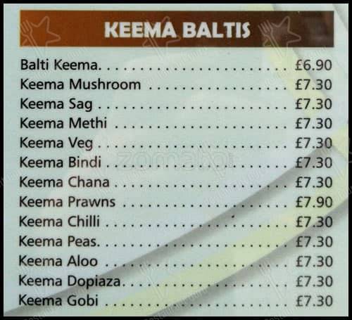 Menu at Balti Hut restaurant, London, 435 Alexandra Ave