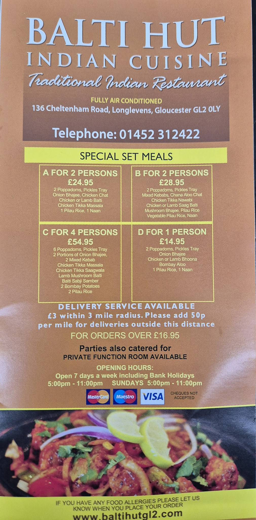 Menu at Balti Hut restaurant, Gloucester