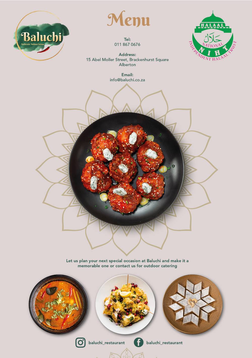 Menu at Baluchi Restaurant, Sandton