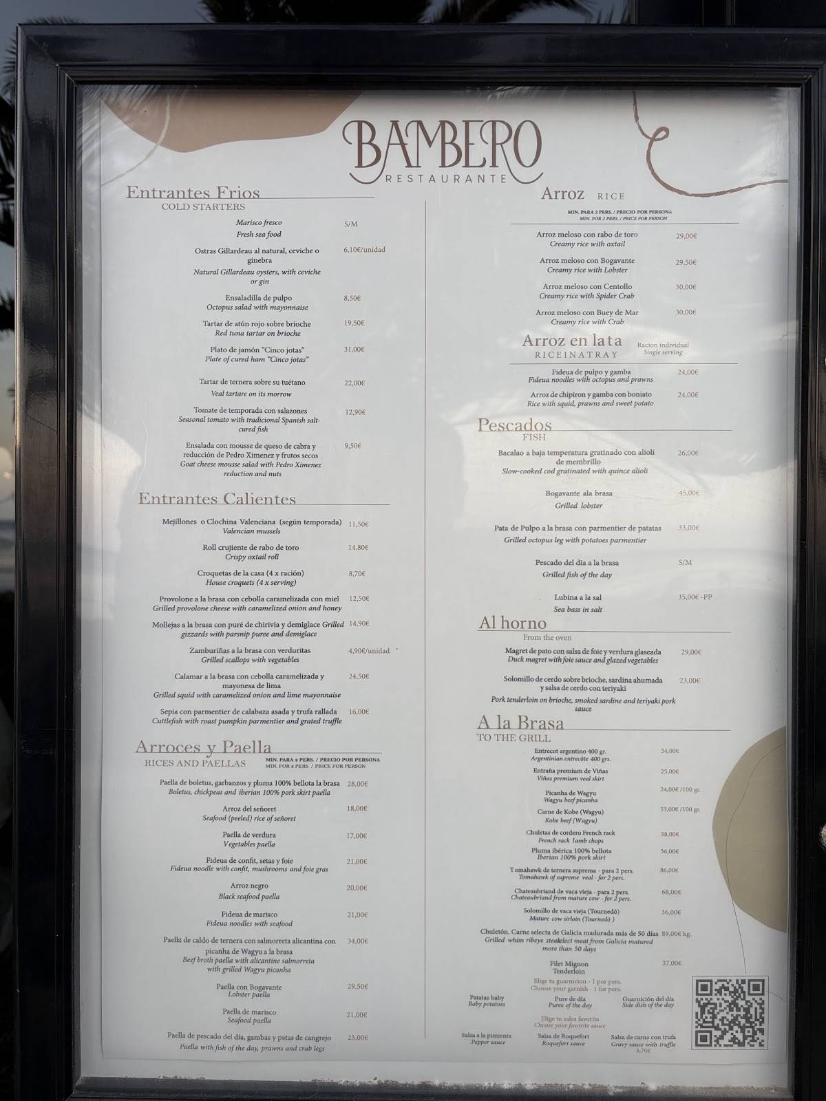 Carta del restaurante Bambero, Calpe