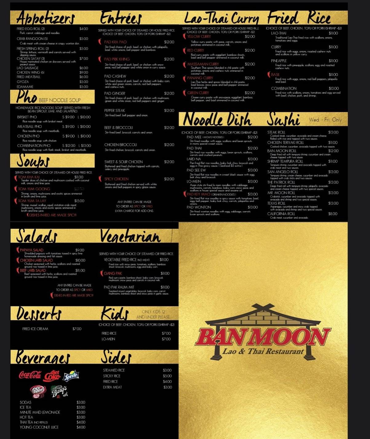 Menu at Ban Moon restaurant, San Angelo, 405 W Ave N