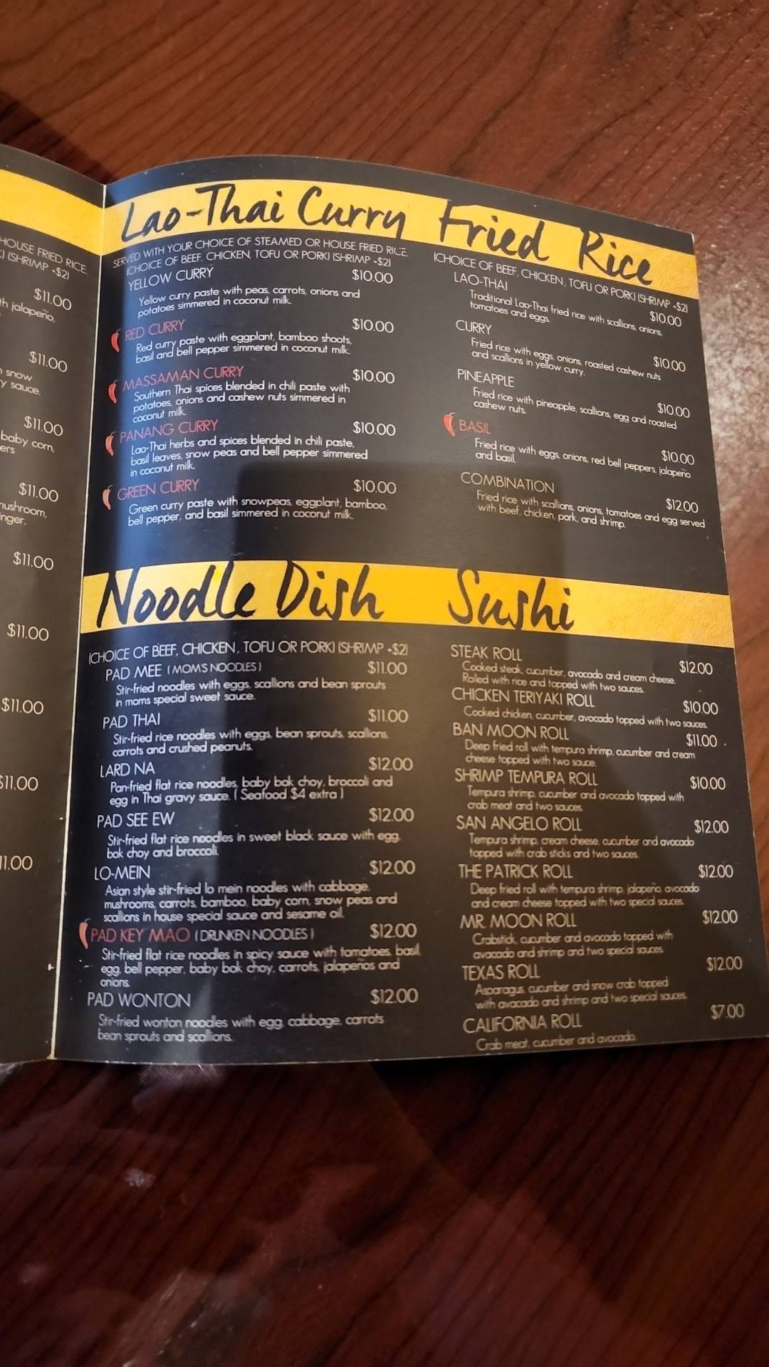 Menu at Ban Moon restaurant, San Angelo, 405 W Ave N