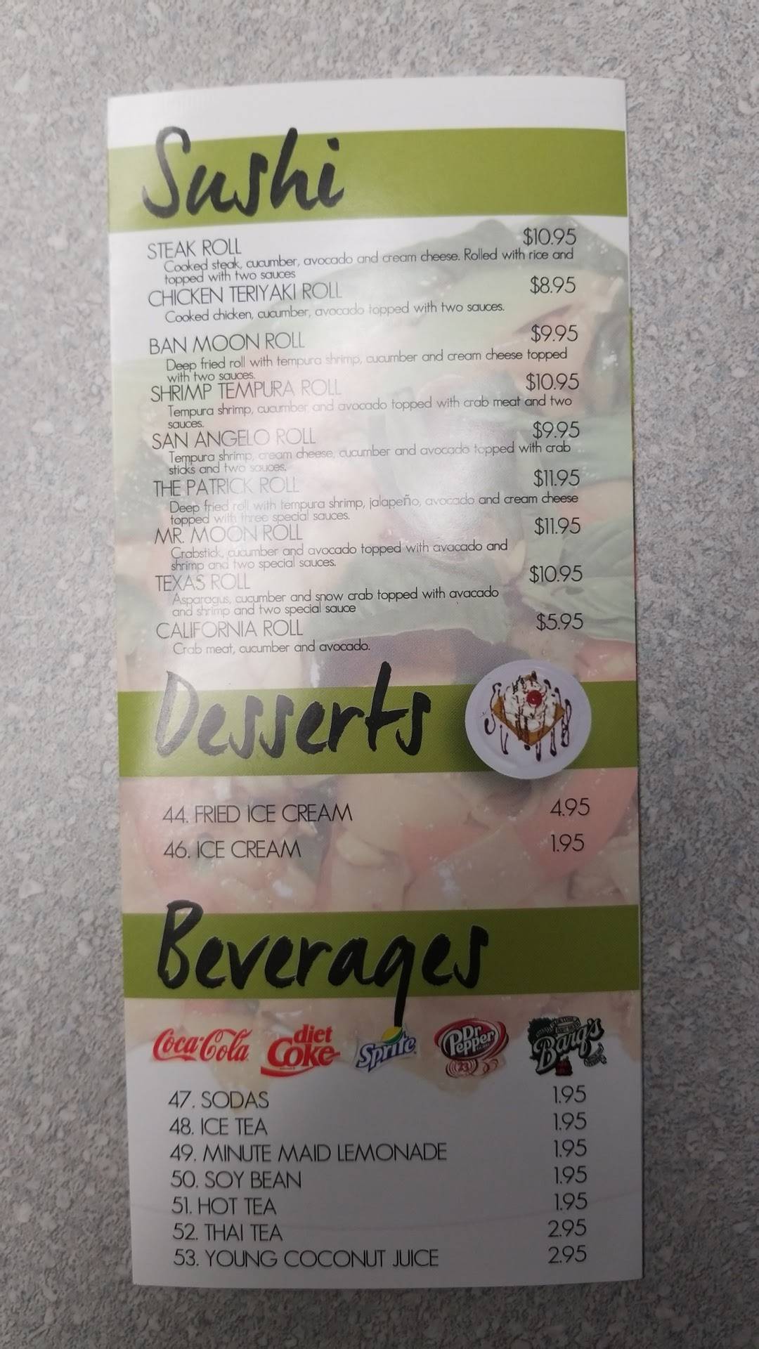 Menu at Ban Moon restaurant, San Angelo, 405 W Ave N