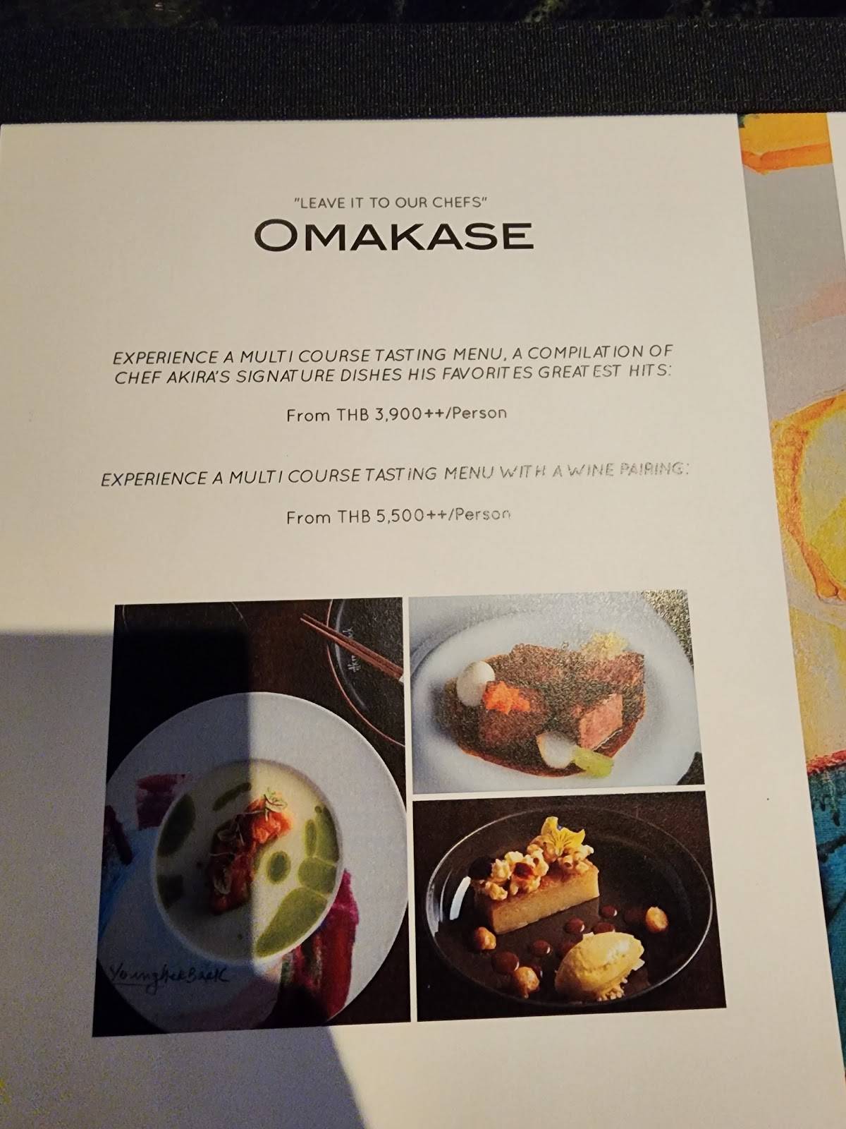 Menu at Akira Back restaurant, Bangkok