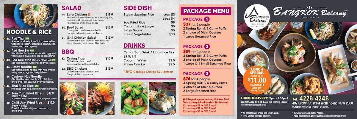 Menu at Bangkok Balcony restaurant, West Wollongong