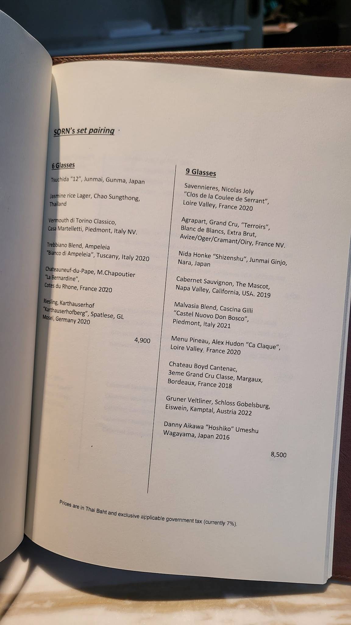Menu at Sorn restaurant, Bangkok