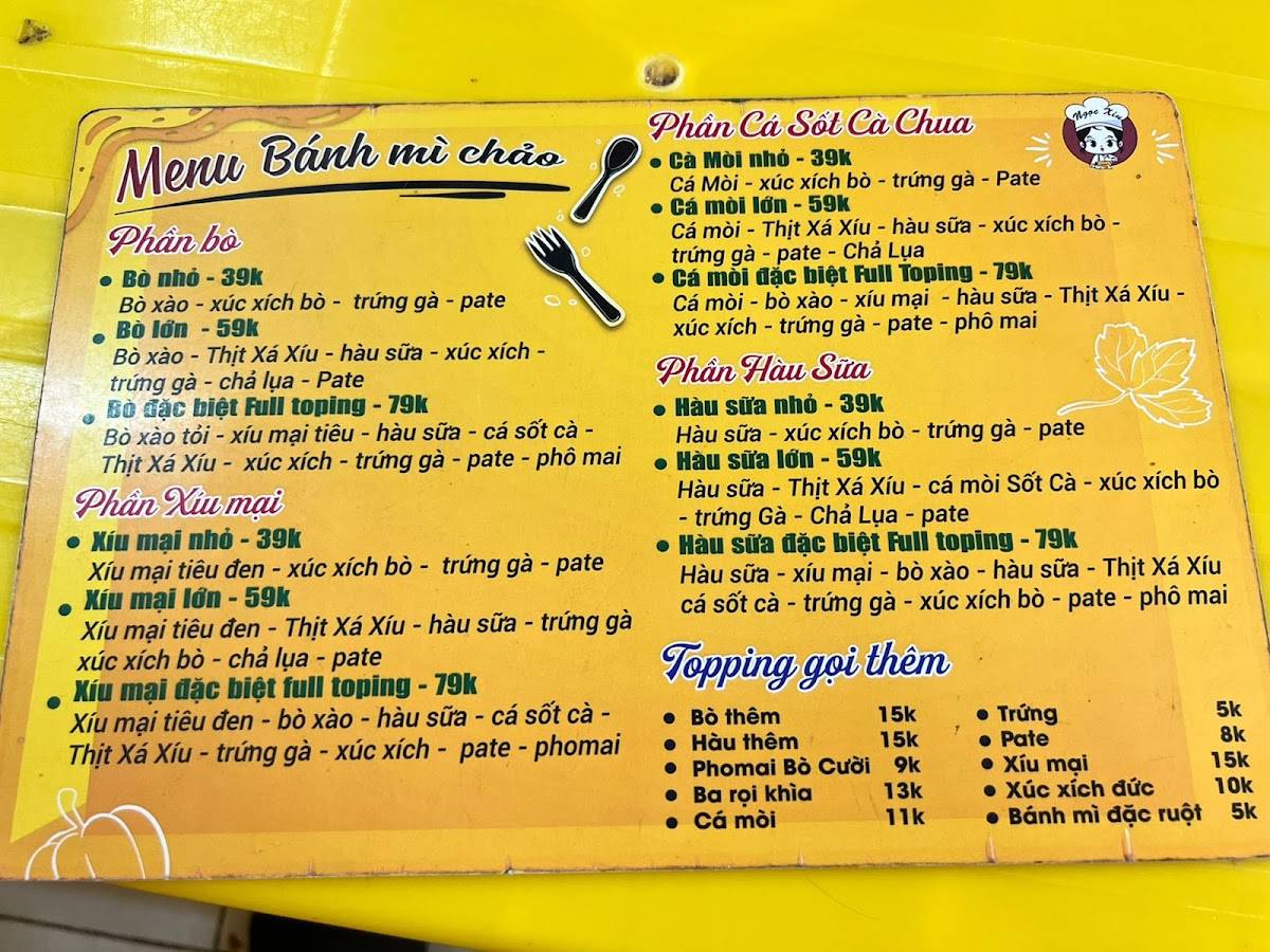 Menu at Bánh Mì Chảo Ngọc Xíu restaurant, Ho Chi Minh City